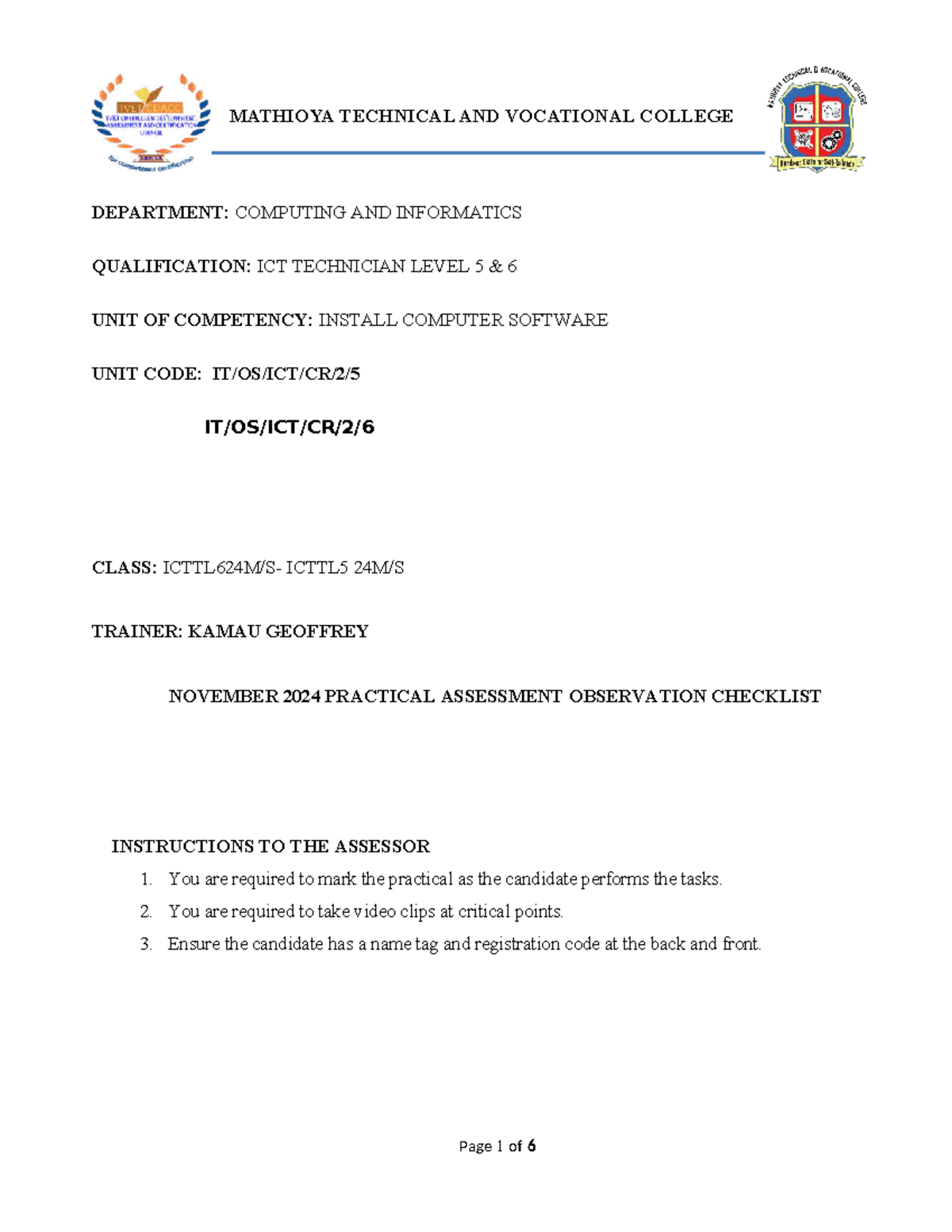 ICS Level 5 Practical Assessment Observation Checklist - Studocu