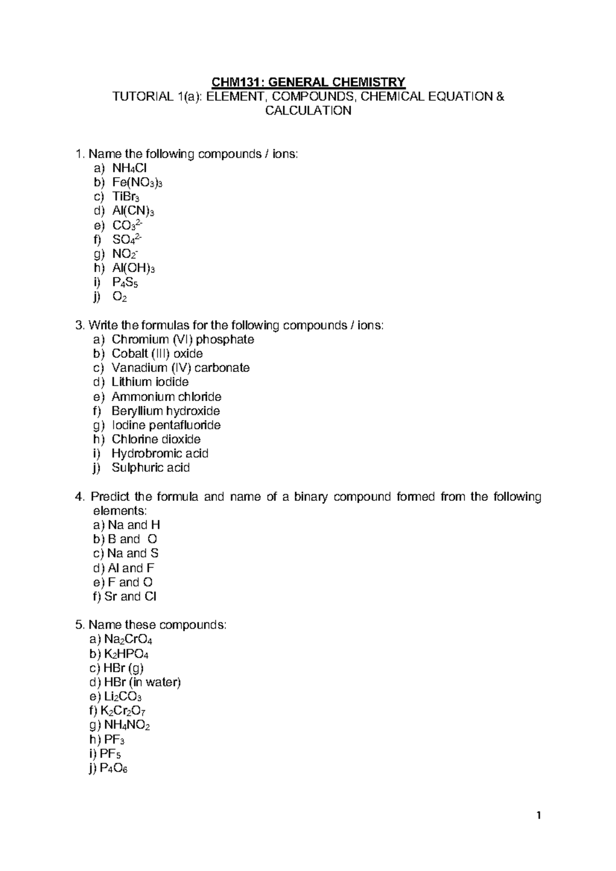 CHM131: General Chemistry Tutorial 1(a) - Elements & Compounds - Studocu