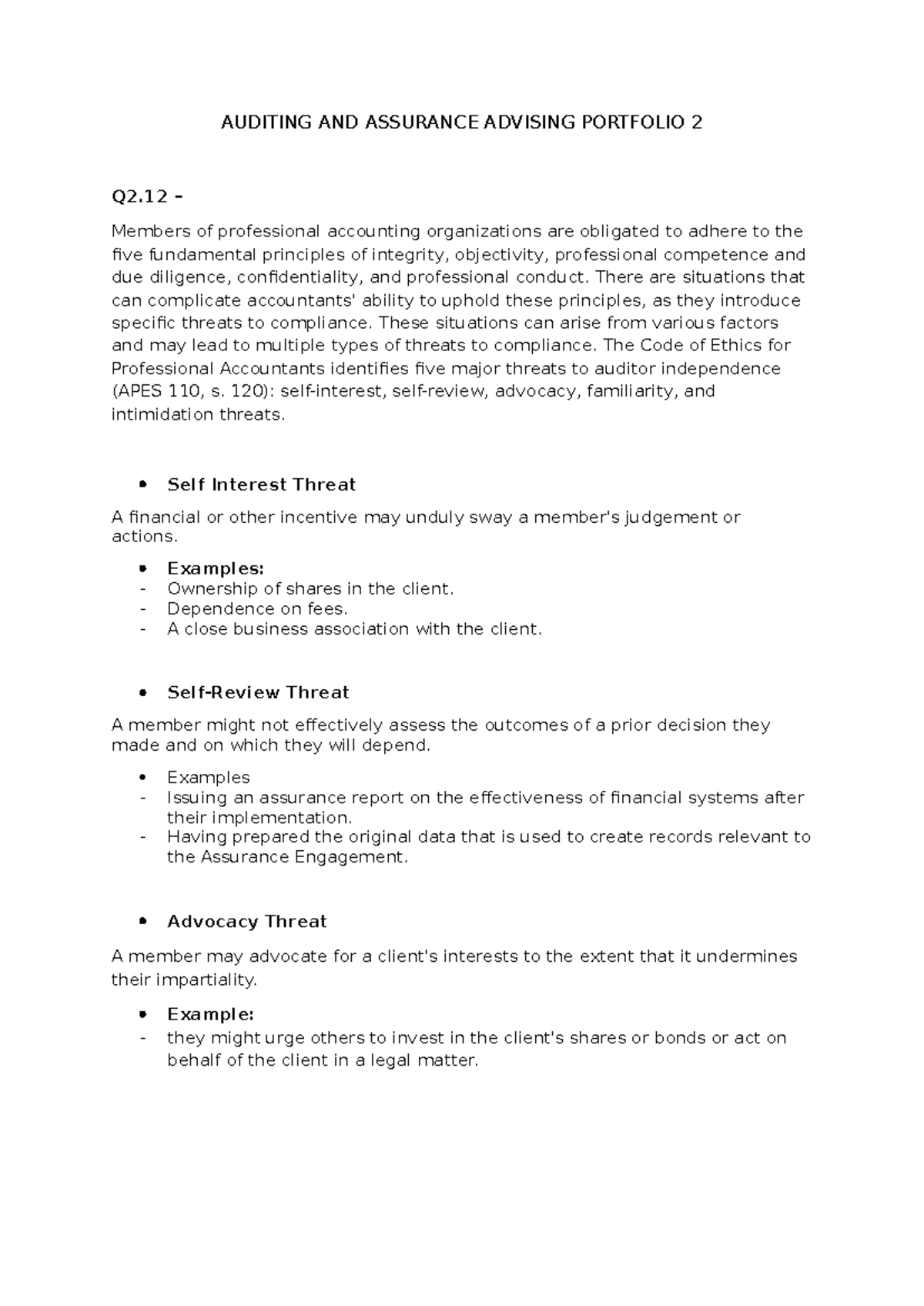 AUDITING AND ASSURANCE ADVISING PORTFOLIO 2: Ethical Principles ...