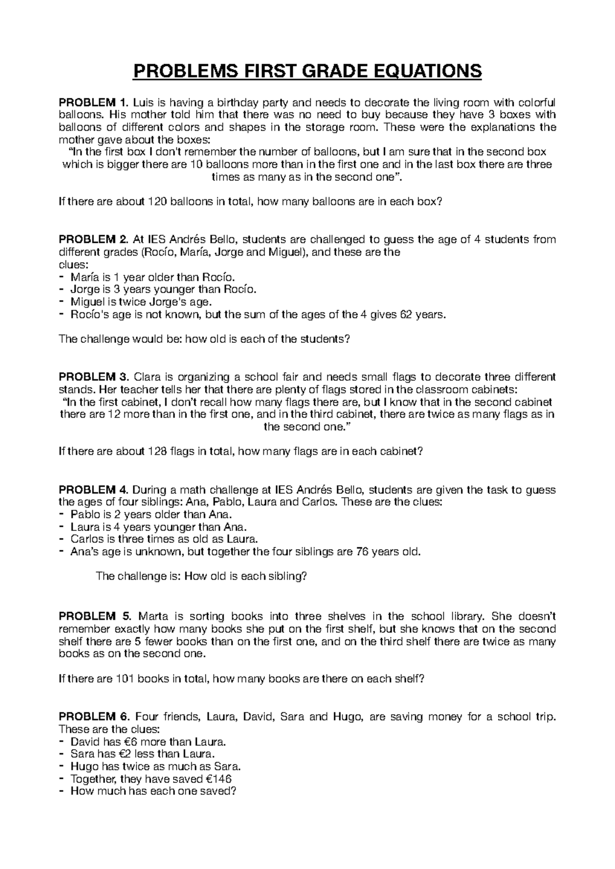 First Grade Equations Problems: Balloon, Age, and Book Challenges - Studocu