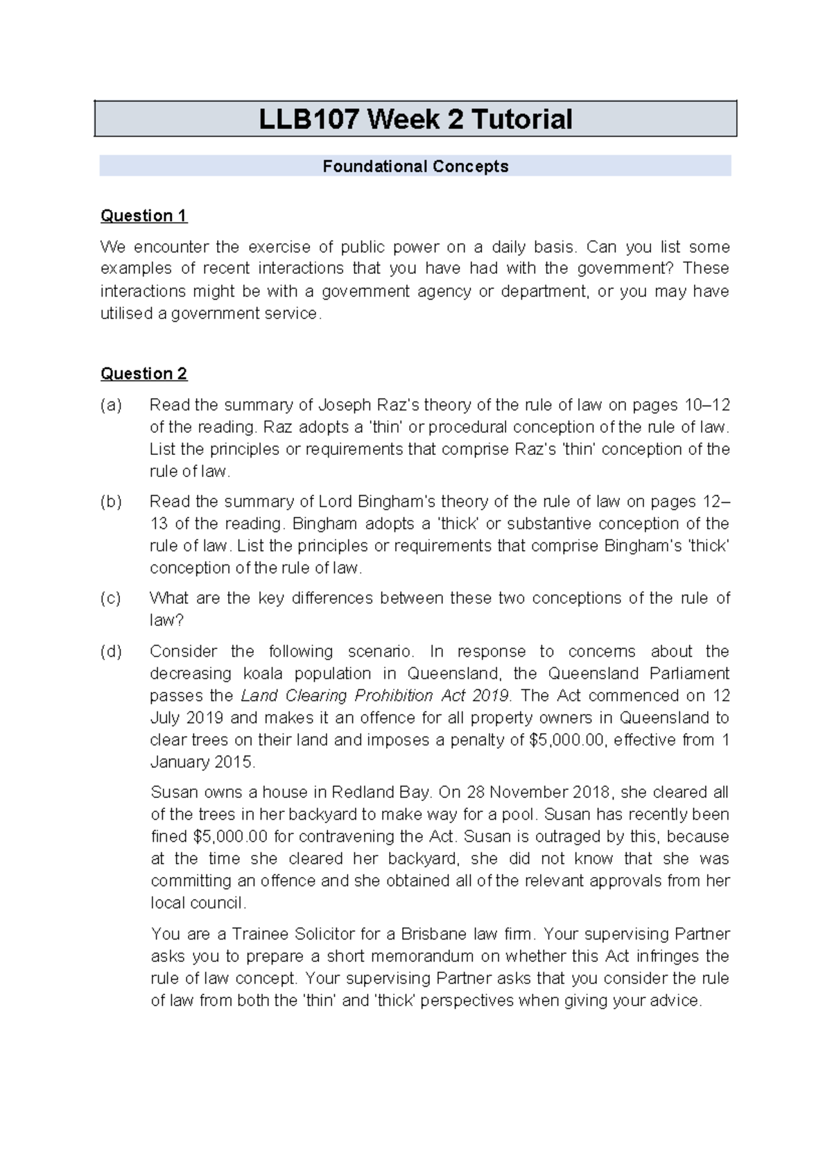 LLB107 Week 2 Tutorial: Exploring the Rule of Law Concepts and Cases ...