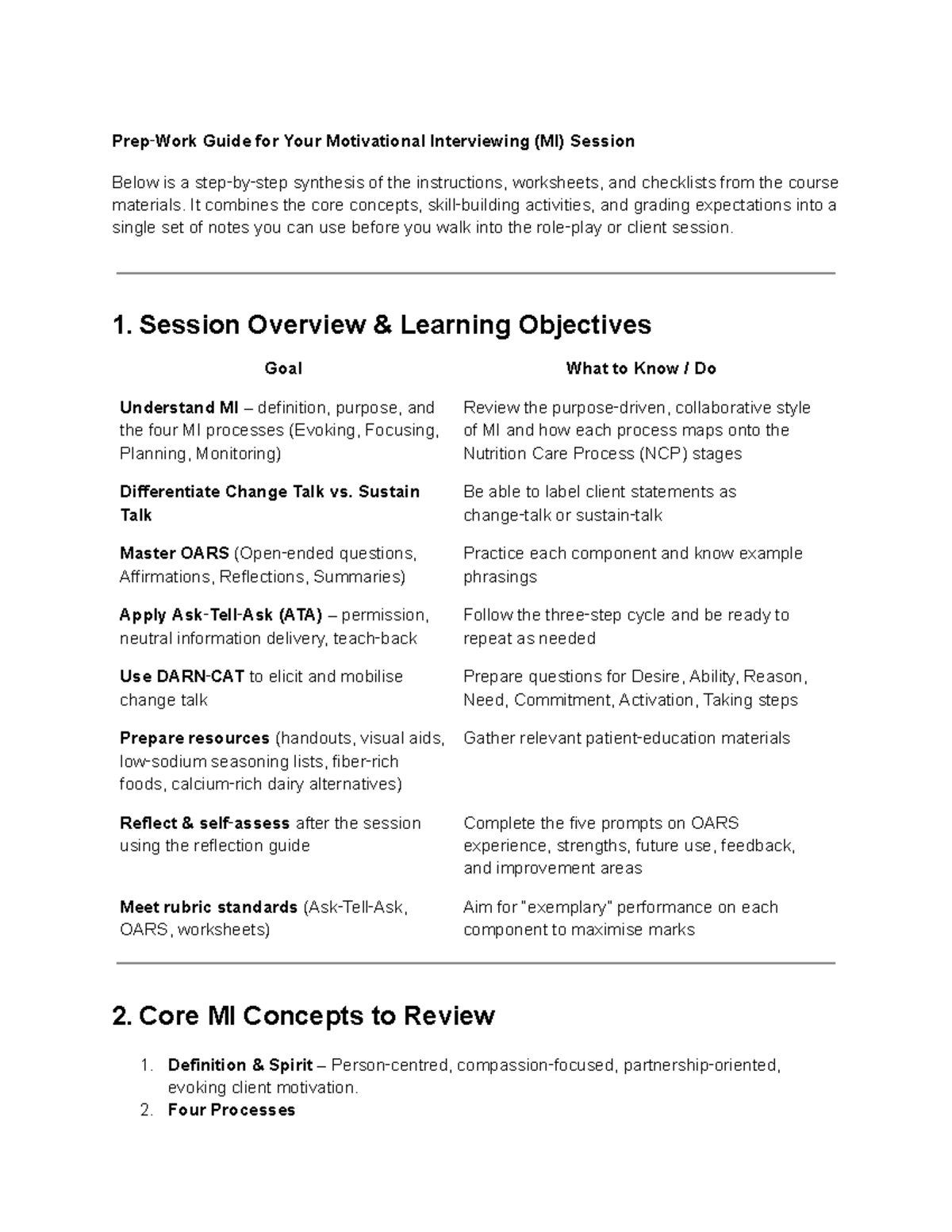 FNH 345 Motivational Interviewing Session Guide and Worksheets - Studocu