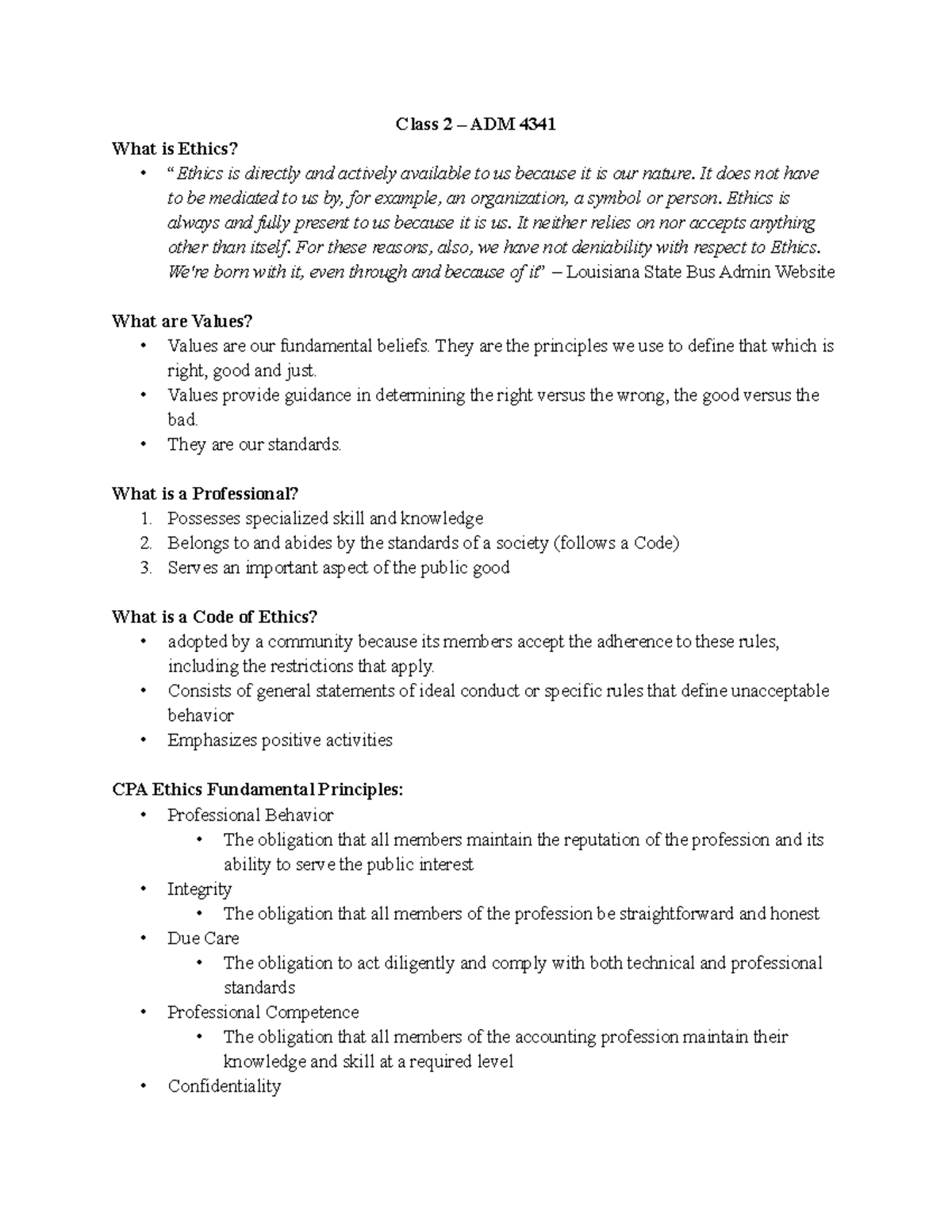 Class 2 - ADM 4341: Understanding Ethics, Values, and Professional ...