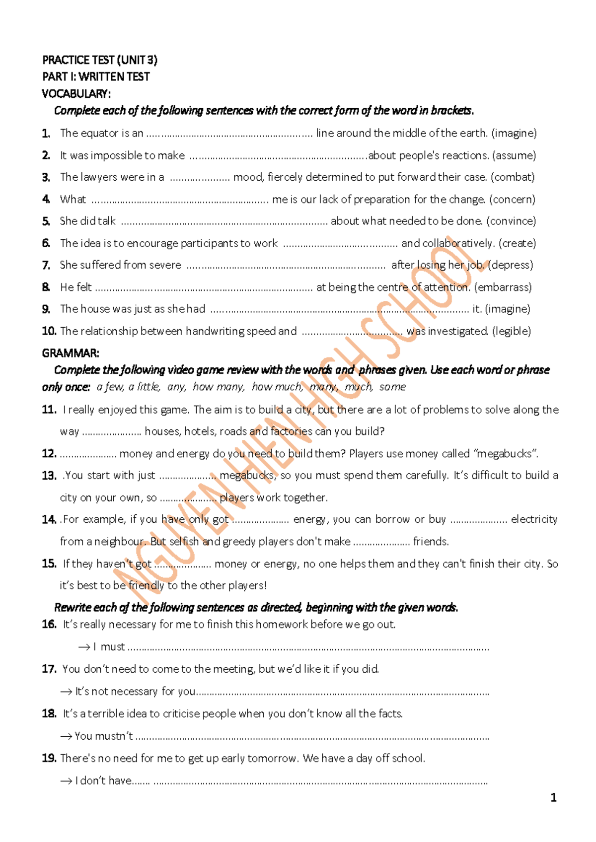 PRACTICE TEST (UNIT 3) VOCABULARY & MULTIPLE CHOICE EXERCISES - Studocu