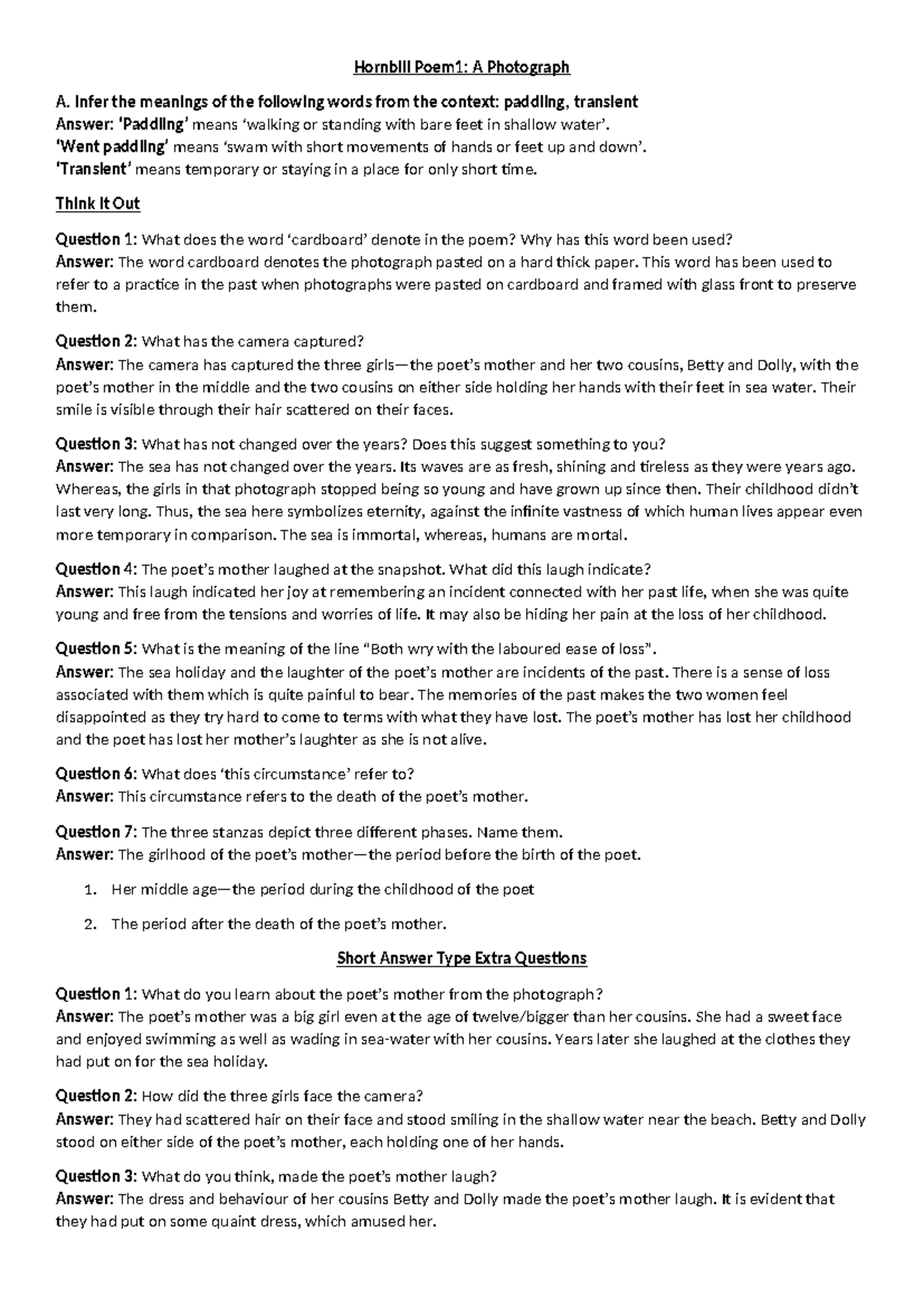 Hornbill P 1: A Photograph - Detailed Q&A & MCQs Analysis - Studocu