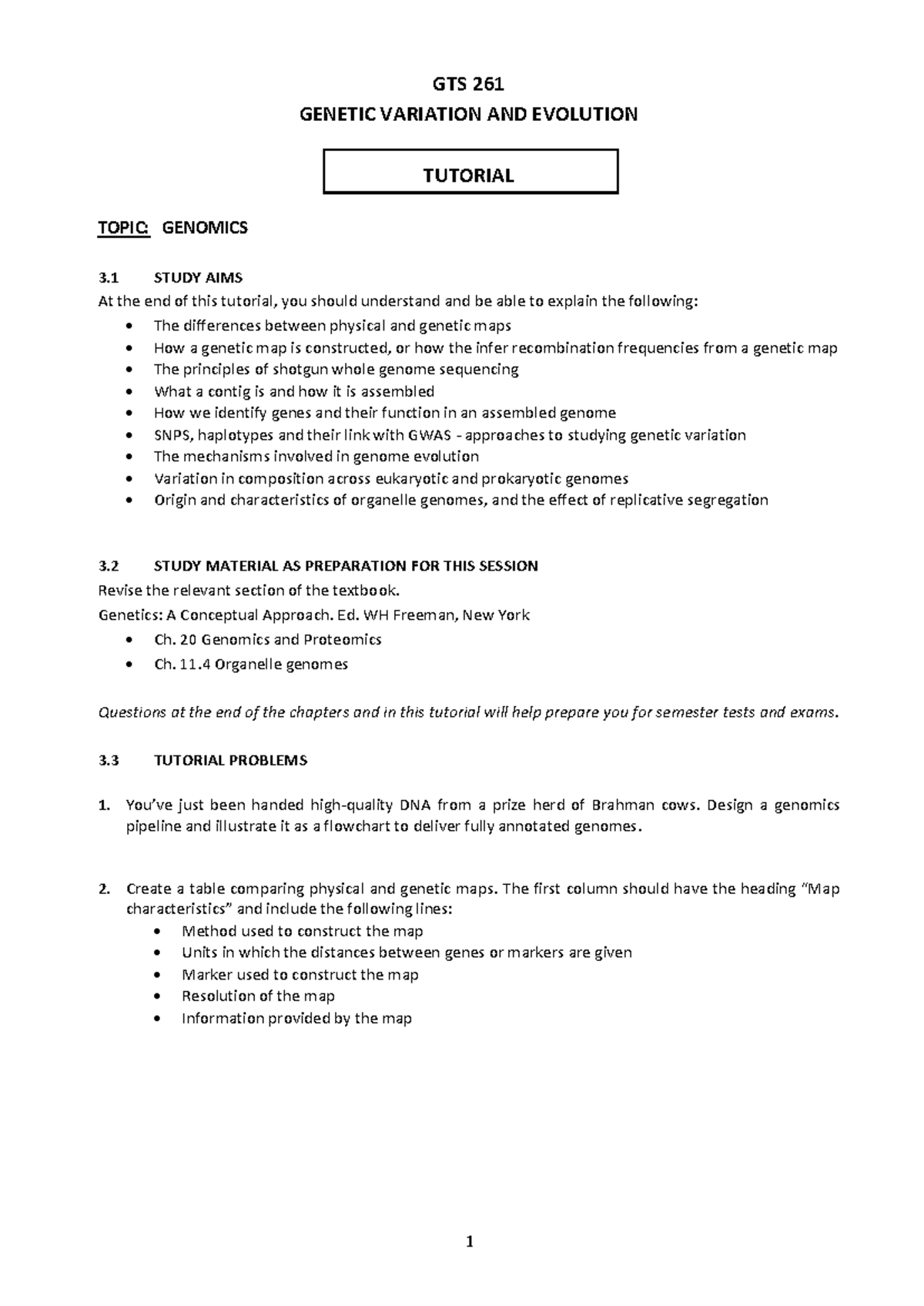 GTS 261 GENETIC VARIATION & EVOLUTION TUTORIAL 2: GENOMICS - Studocu