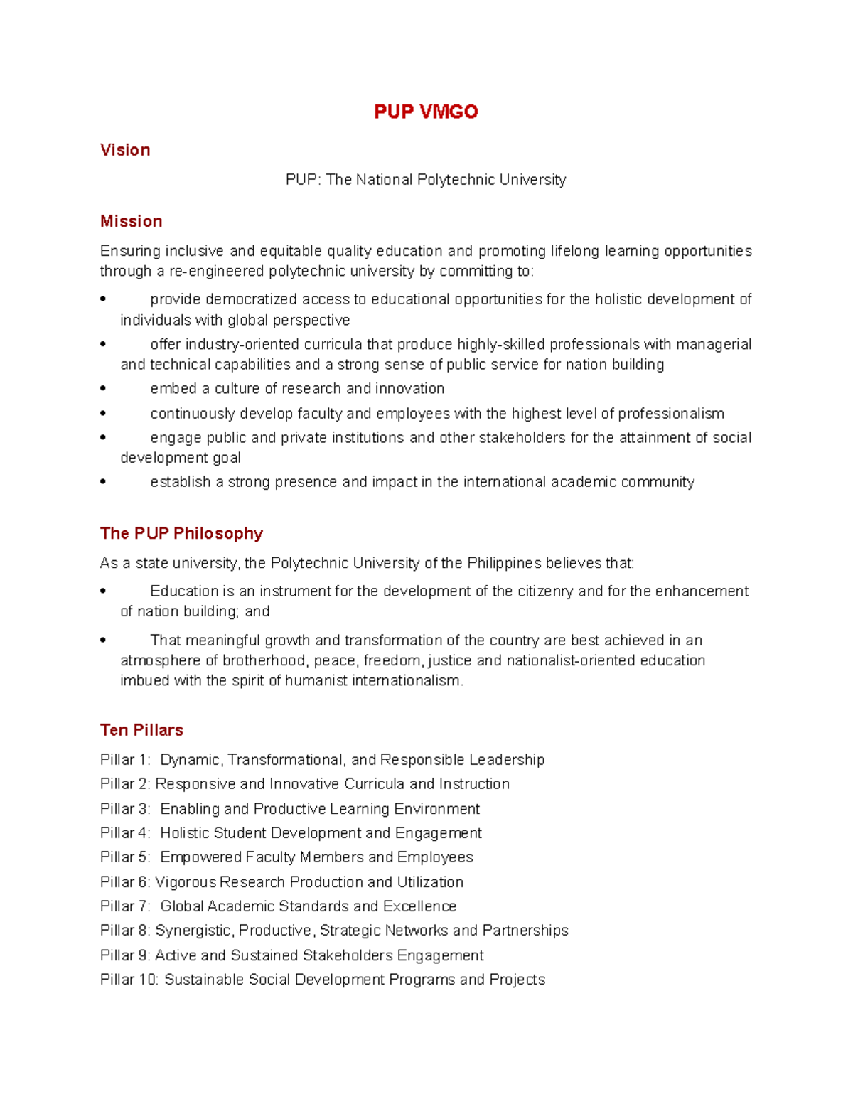 PUP VMGO 2022: Vision, Mission, and Objectives of the College of ...