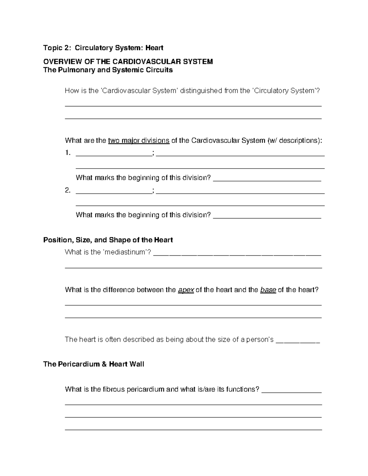 APII Topic 2: Circulatory System - Heart Overview & Notes - Studocu
