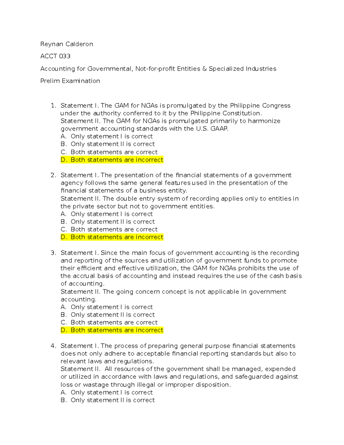 Government Accounting ACCT 033 Prelim Exam: Key Concepts and Questions ...
