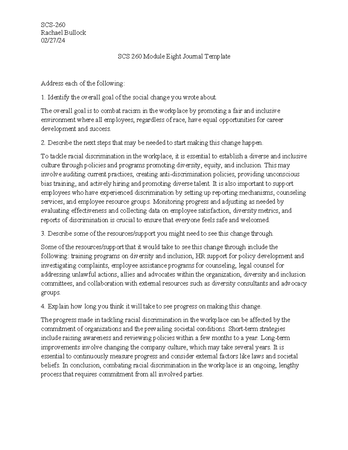 SCS 260 Final Journal: Strategies for Combating Workplace Racism - Studocu