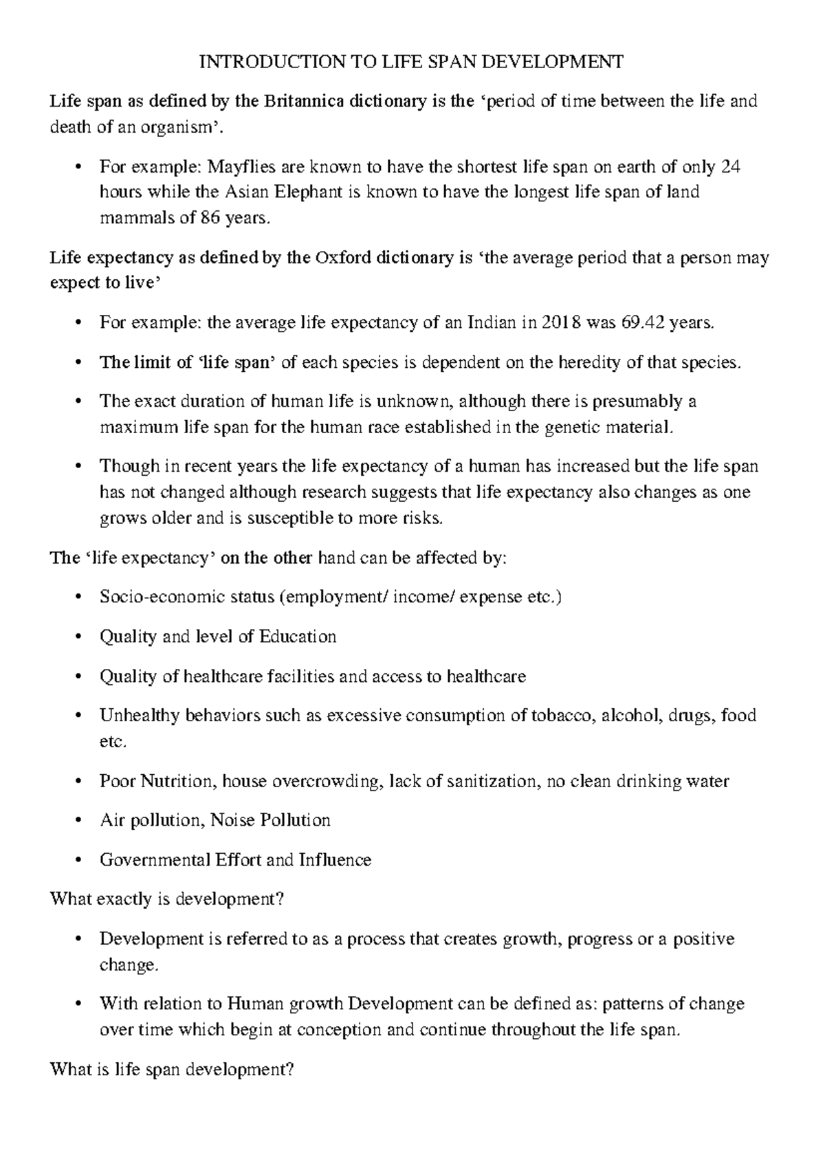 Lifespan Development Notes (PSY 101) - Comprehensive Overview - Studocu
