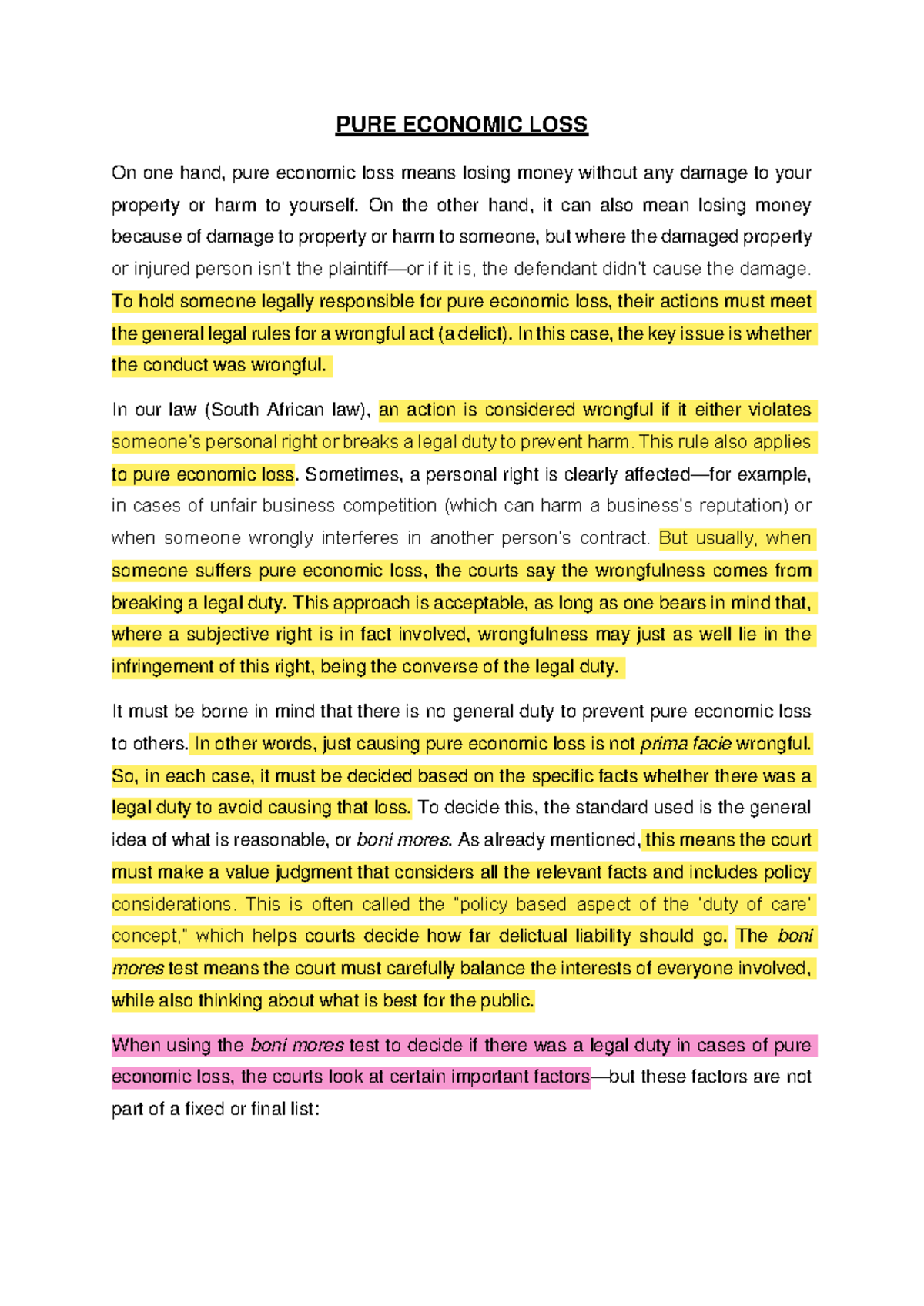 Legal Aspects of Pure Economic Loss in South African Law - Studocu