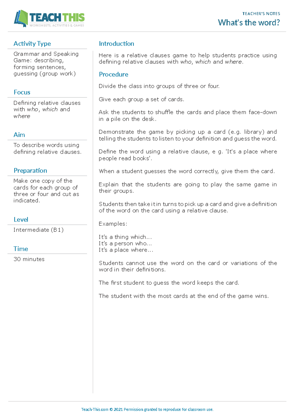 Grammar Game: Defining Relative Clauses Activity (B1) - Studocu