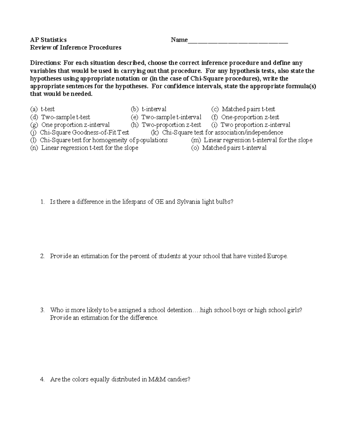 AP Statistics Review: Inference Procedures & Hypothesis Testing - Studocu