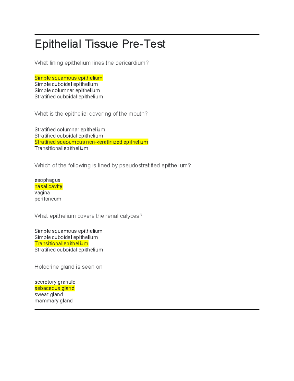 Anatomy Quiz - pre and post quiz - Epithelial Tissue Pre-Test What ...