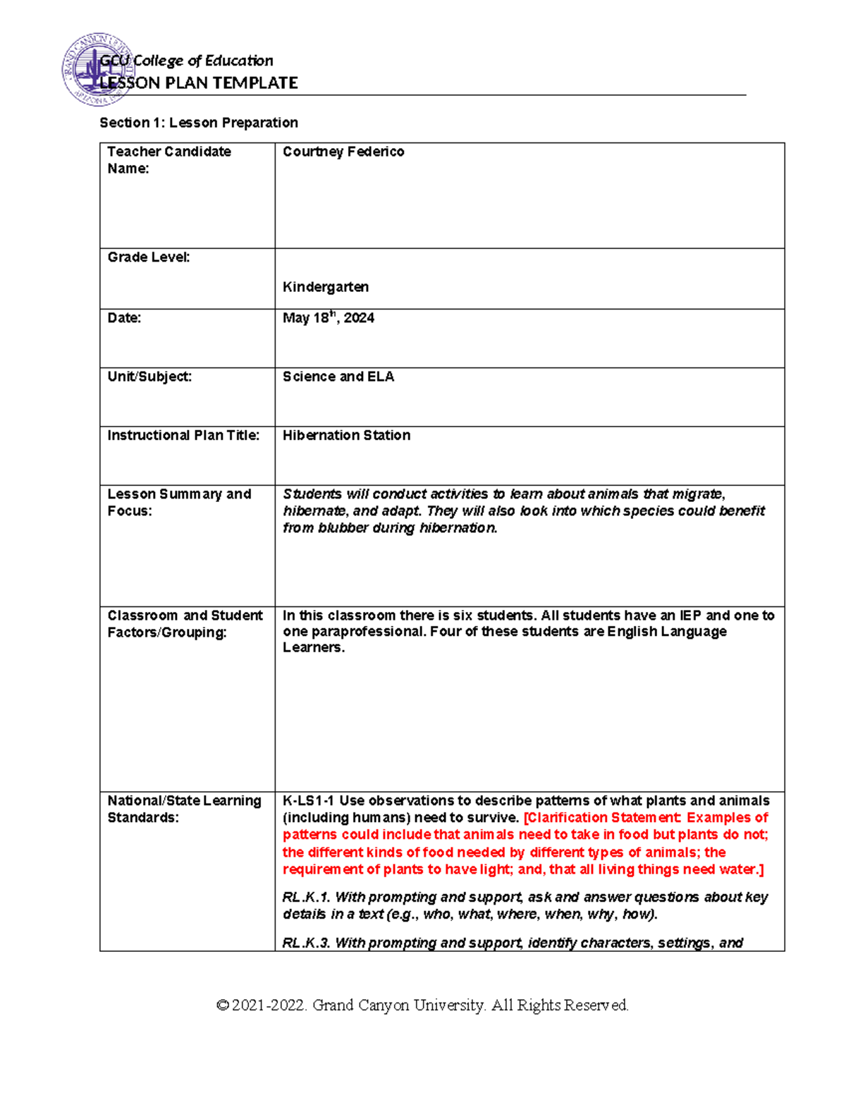 ECE 460 Final Exam: Integrated Instructional Plan for Kindergarten ...