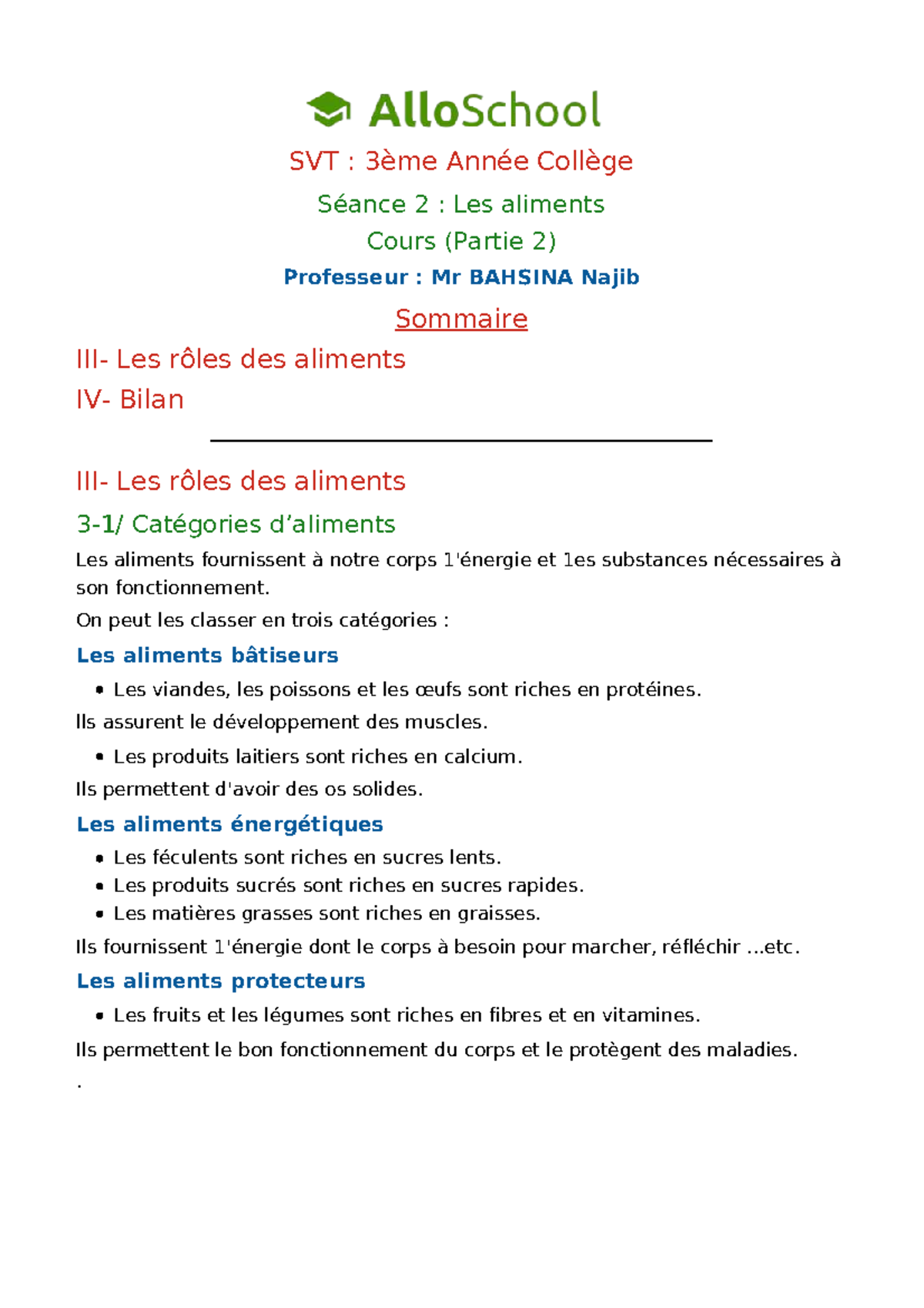 SVT : 3ème Année Collège Séance 2 - Les Aliments (Partie 2) - Studocu