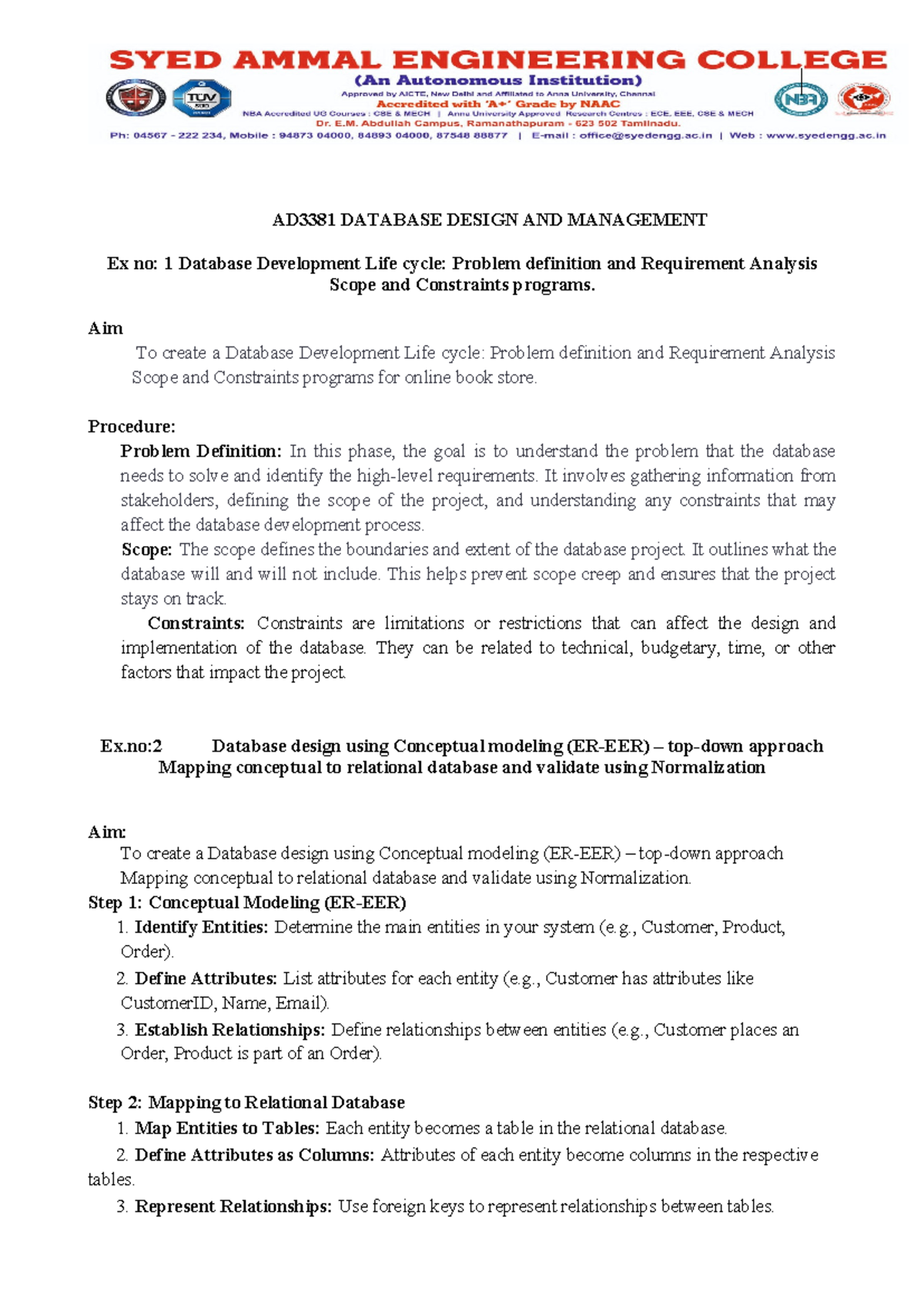 AD3381 Database Design & Management: Lab Manual Overview - Studocu