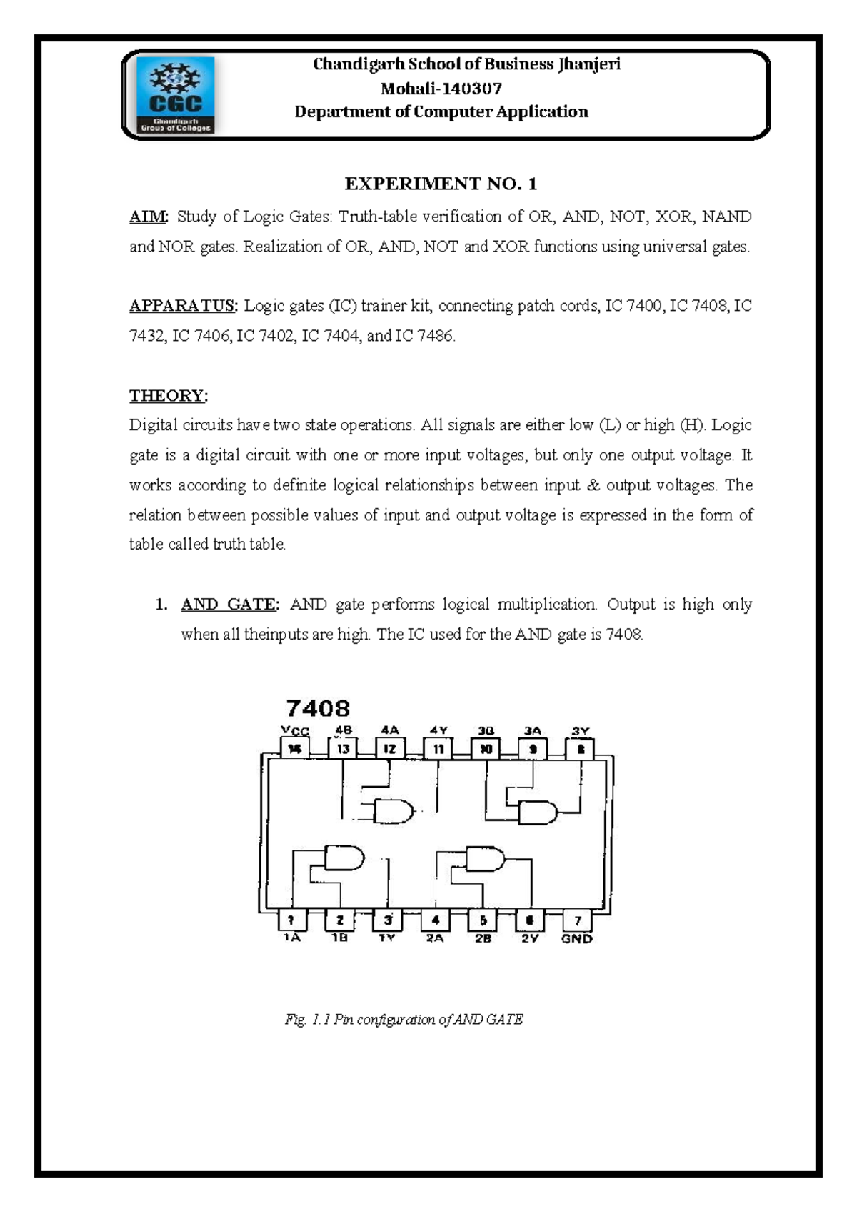 CSAB 101: Logic Gates Experiment and Truth Table Verification - Studocu