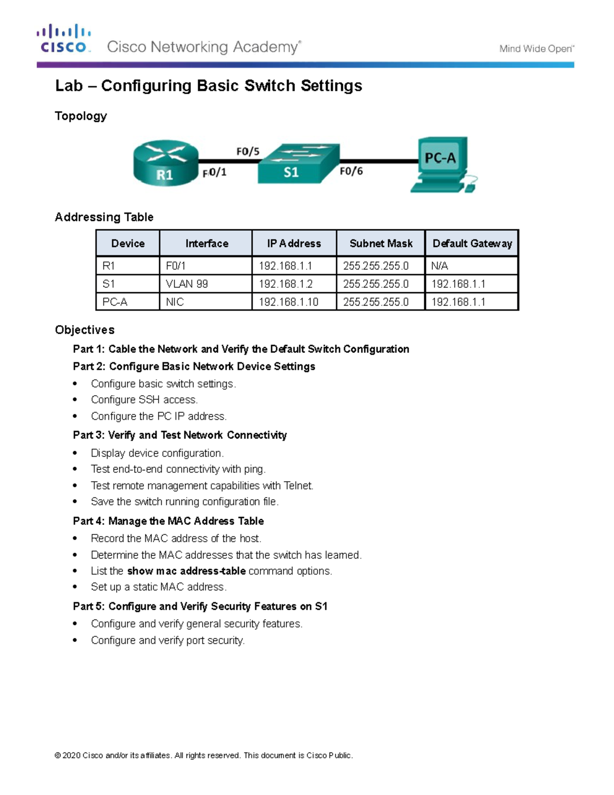 Lab 7 - Configuring Basic Switch Settings and Security Features - © 2020 Cisco and/or its - Studocu