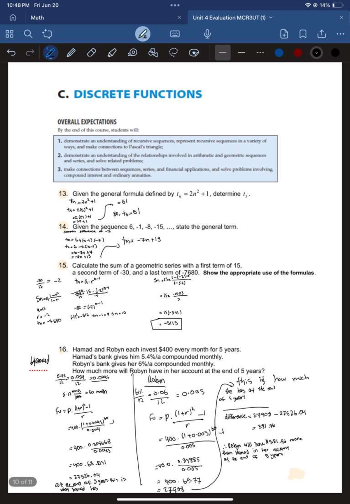 MCR3UT Unit 4 Evaluation: Discrete Functions & Sequences - Studocu