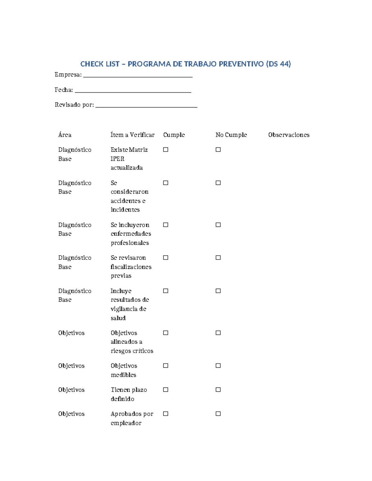 Check List PTP DS 44: Evaluación de Trabajo Preventivo - Studocu