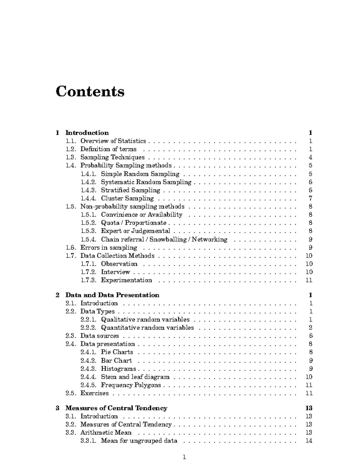 Full Notes Introduction To Statistics Contents 1 Introduction 1