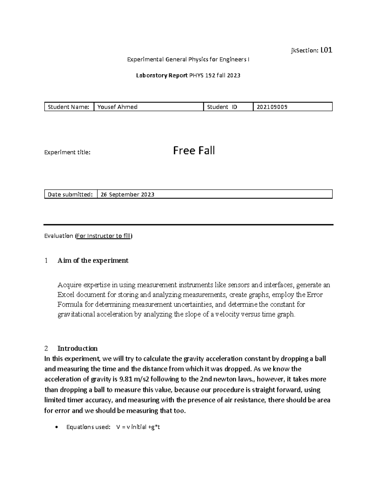 PHYS 192 Fall 2023 Lab Report: Free Fall Experiment Analysis - Studocu