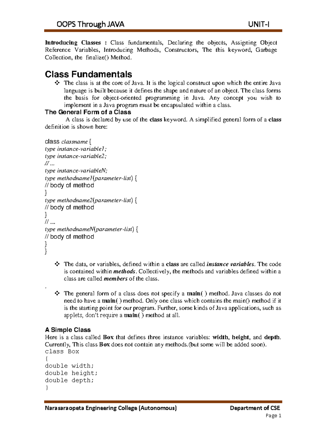 JAVA UNIT-1: Understanding Classes, Objects, and Constructors - Studocu