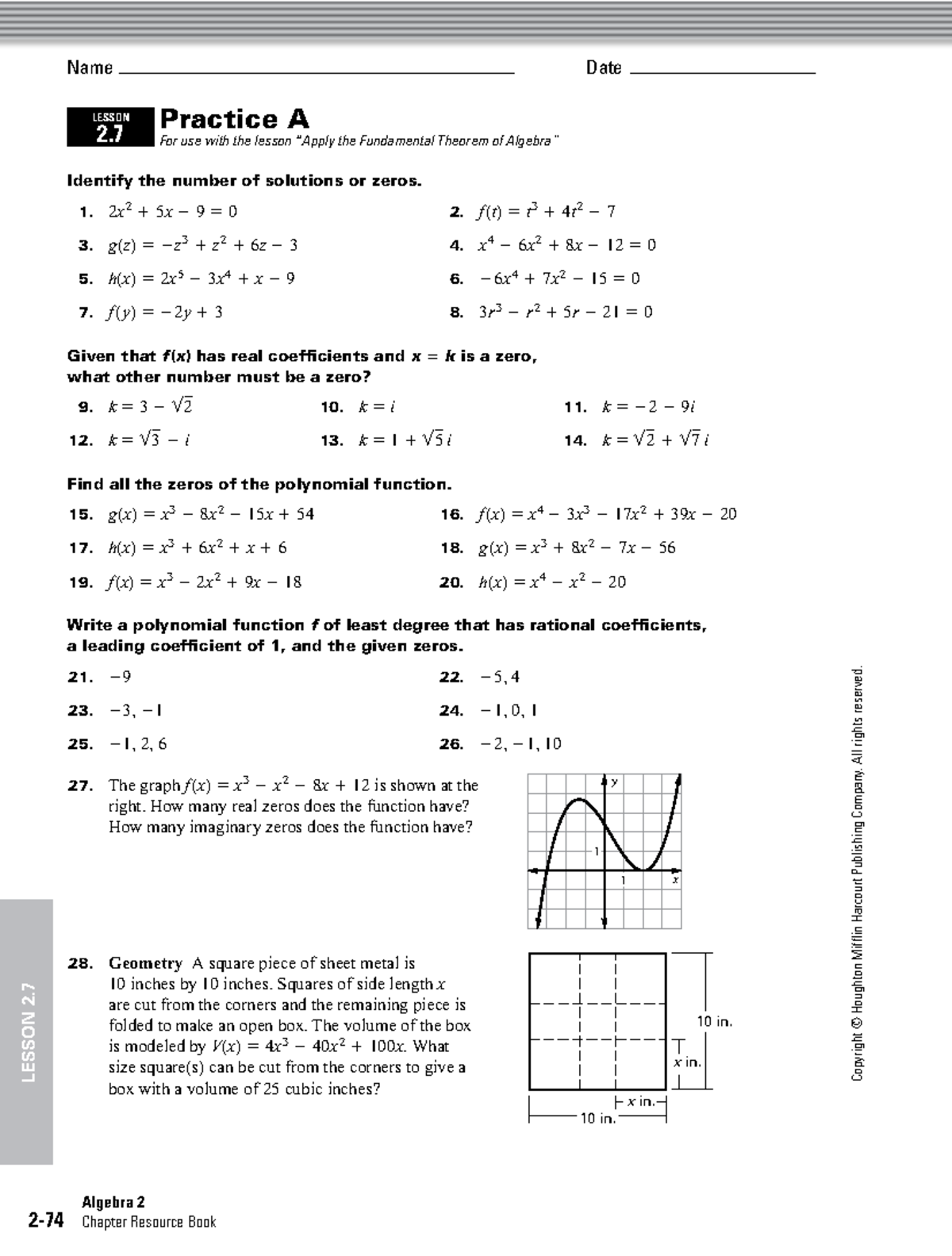Finding Zeros of Polynomial Functions - Name ...