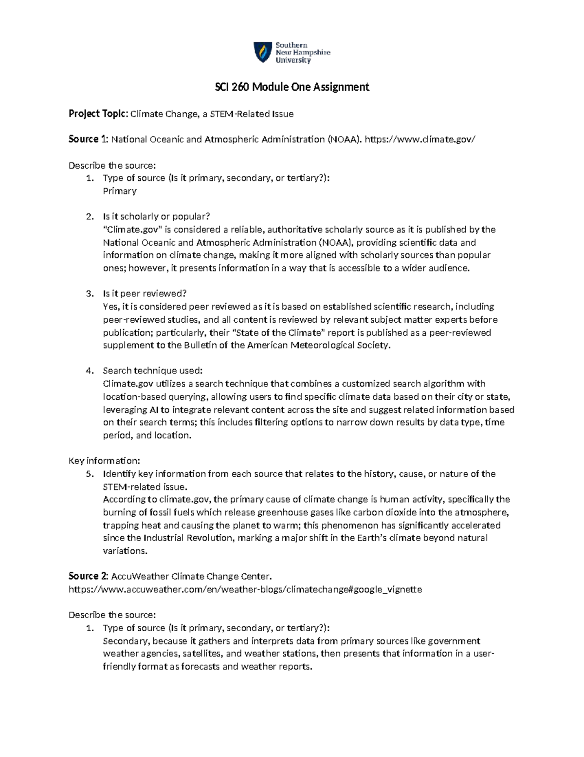SCI 260 Module One Assignment: Analyzing Climate Change Sources - Studocu