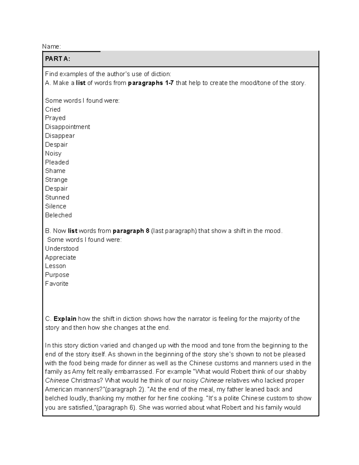 Fish Cheeks Assignment - Name: PART A: Find examples of the author’s ...