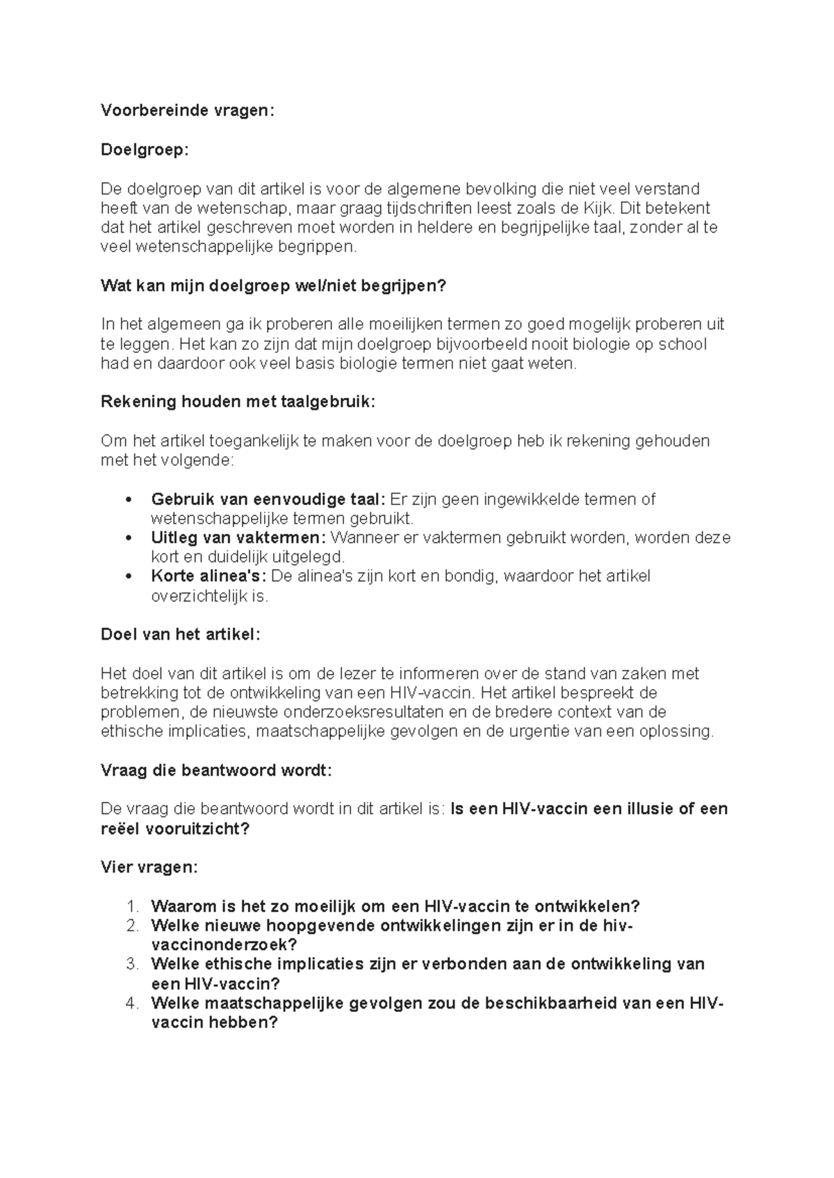 HIV-vaccin: Illusie of Reëel Vooruitzicht? - Voorbereidende Vragen en Reflectie - Studeersnel