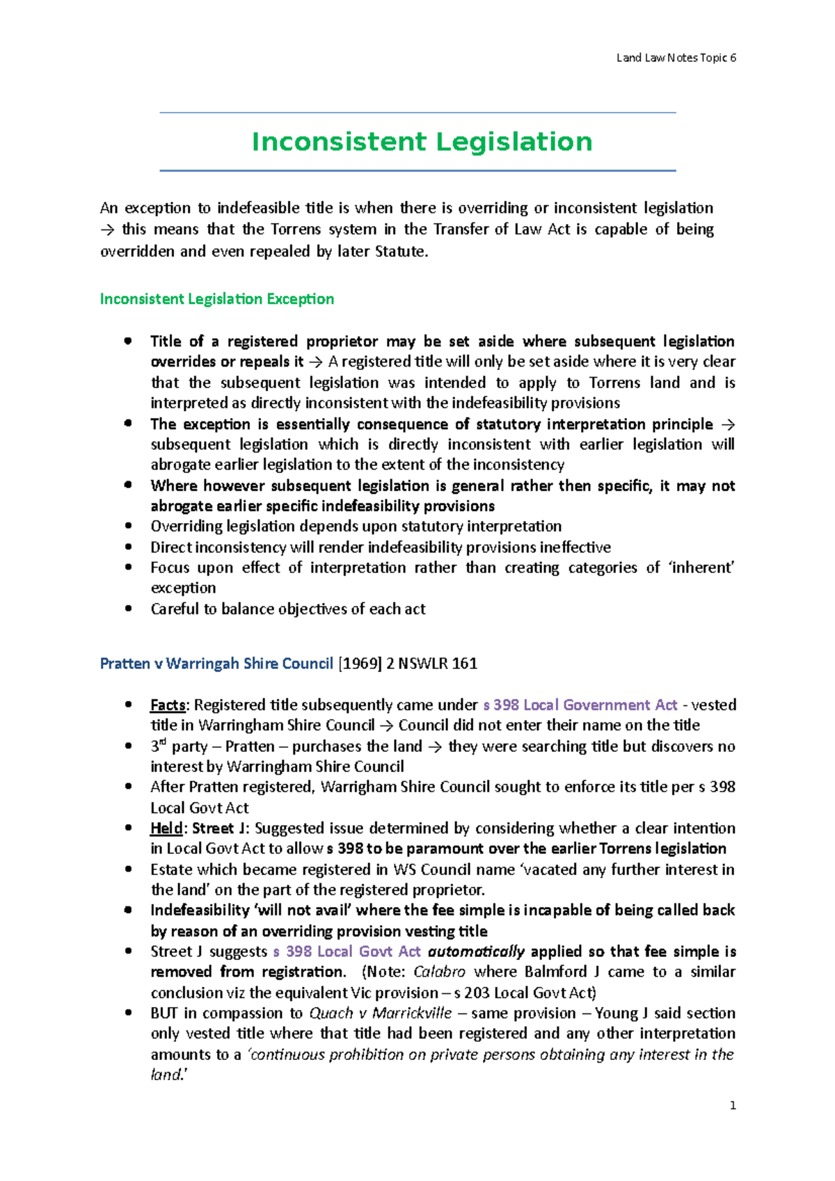 Topic 6 Notes on Inconsistent Legislation in Property Law - Studocu