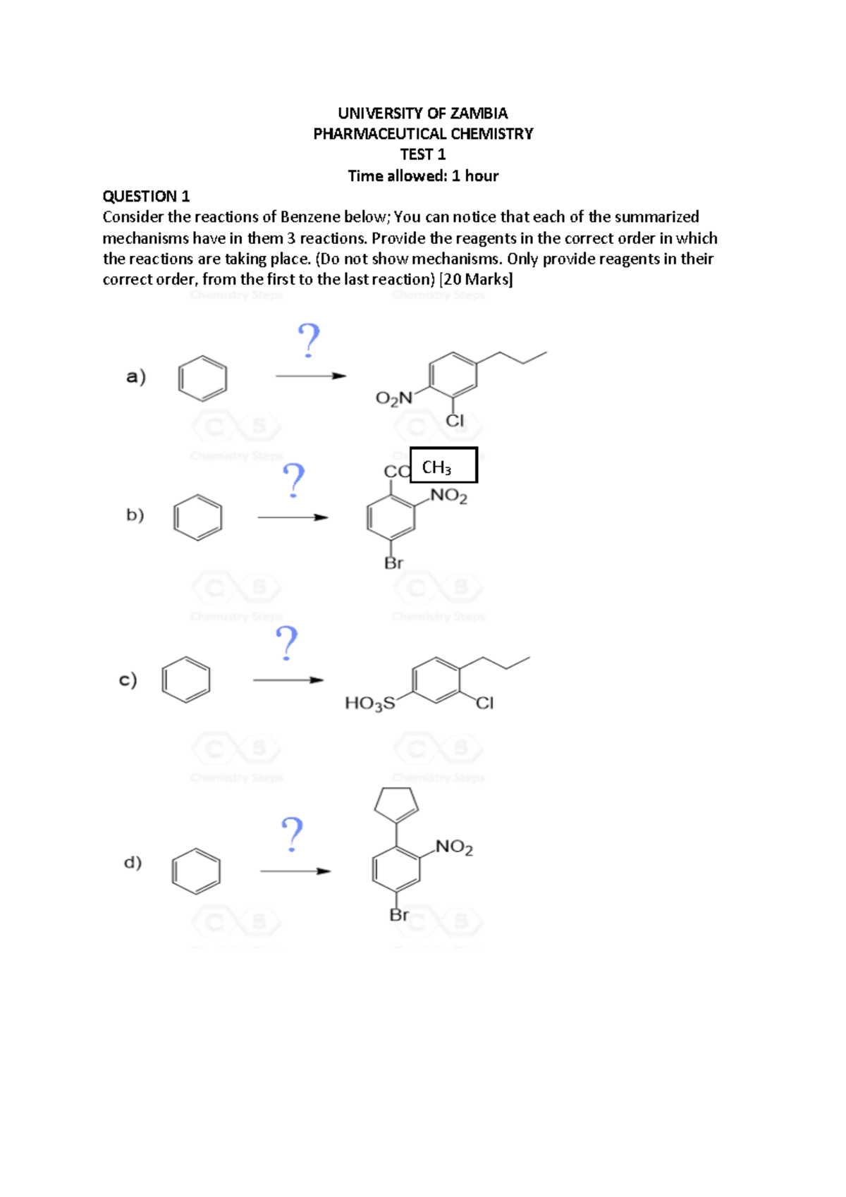 UNZA PHARMACEUTICAL CHEMISTRY TEST 1: Benzene Reactions Summary - Studocu