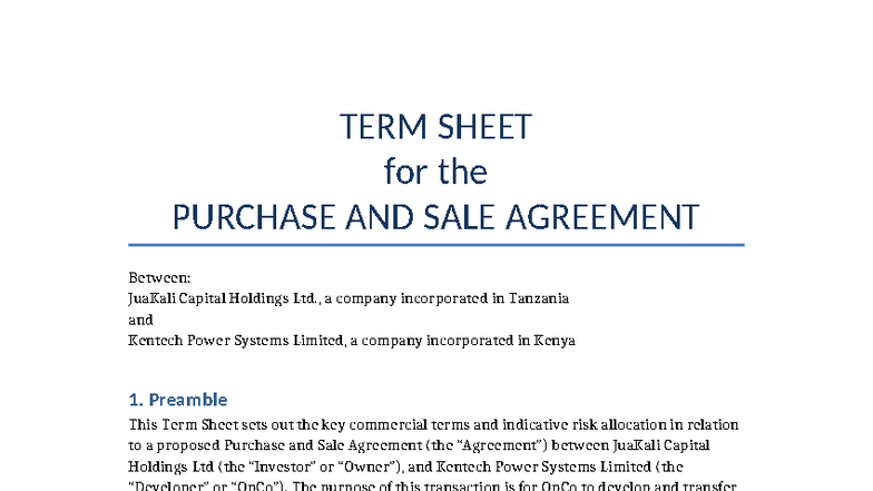 M&A Term Sheet for Purchase & Sale Agreement - Kenya - Studocu