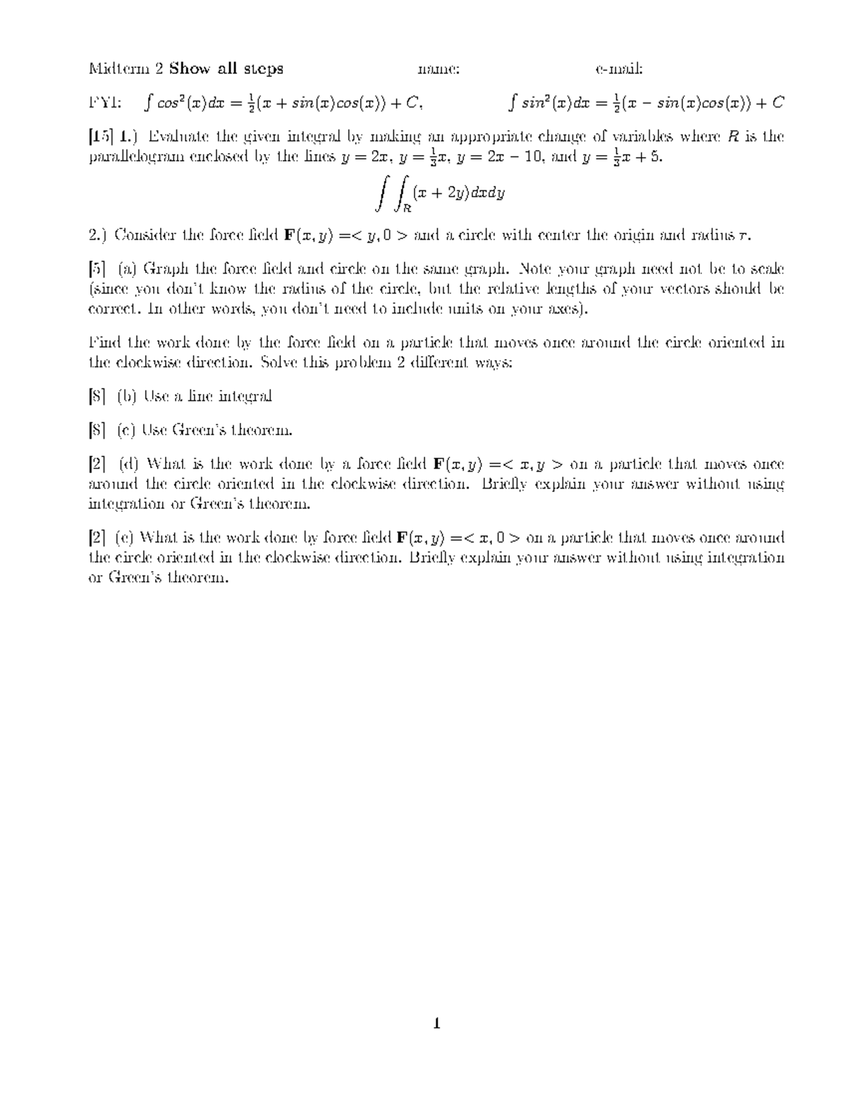 Midterm 2: Evaluating Integrals and Work Done in Vector Fields (MT9 ...
