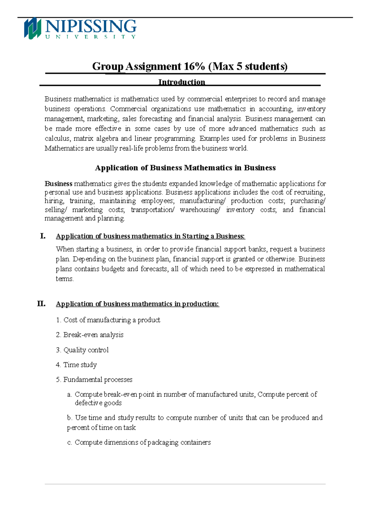 Business Mathematics Assignment Review and Applications Overview - Studocu