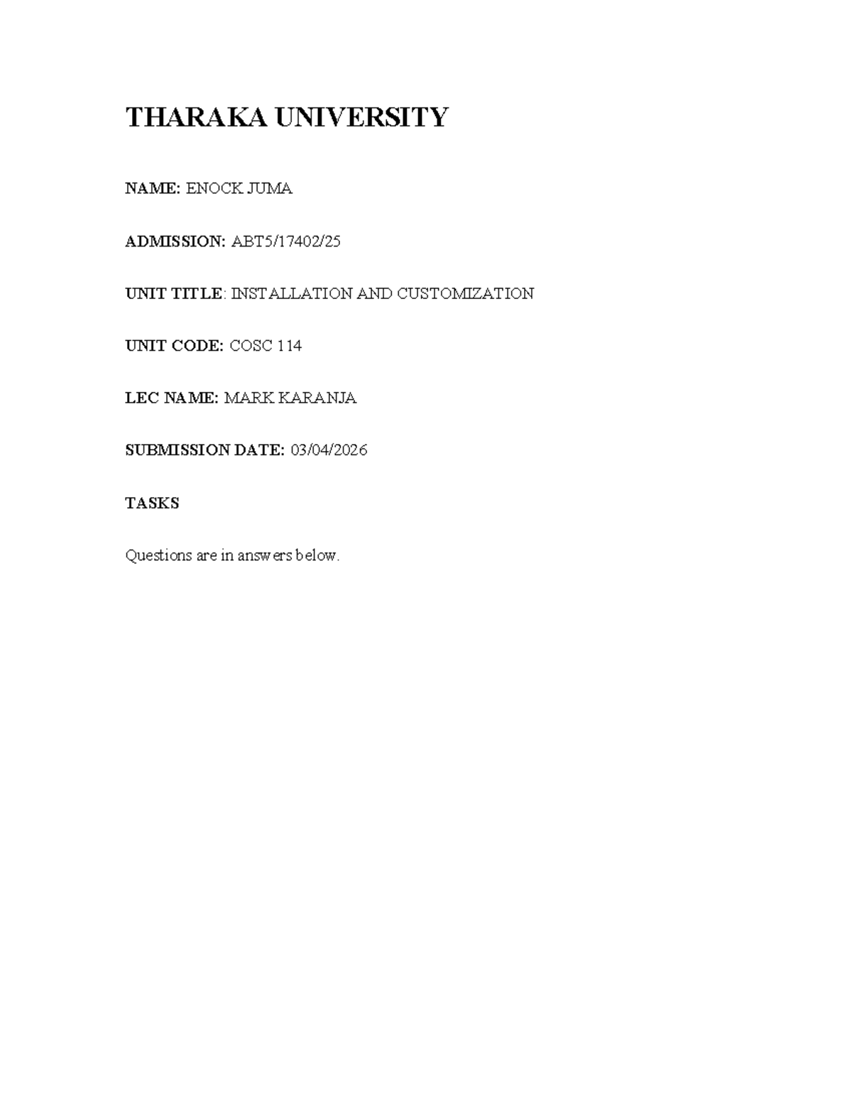 COSC 114 Assignment: Installation & Customization Overview - Studocu