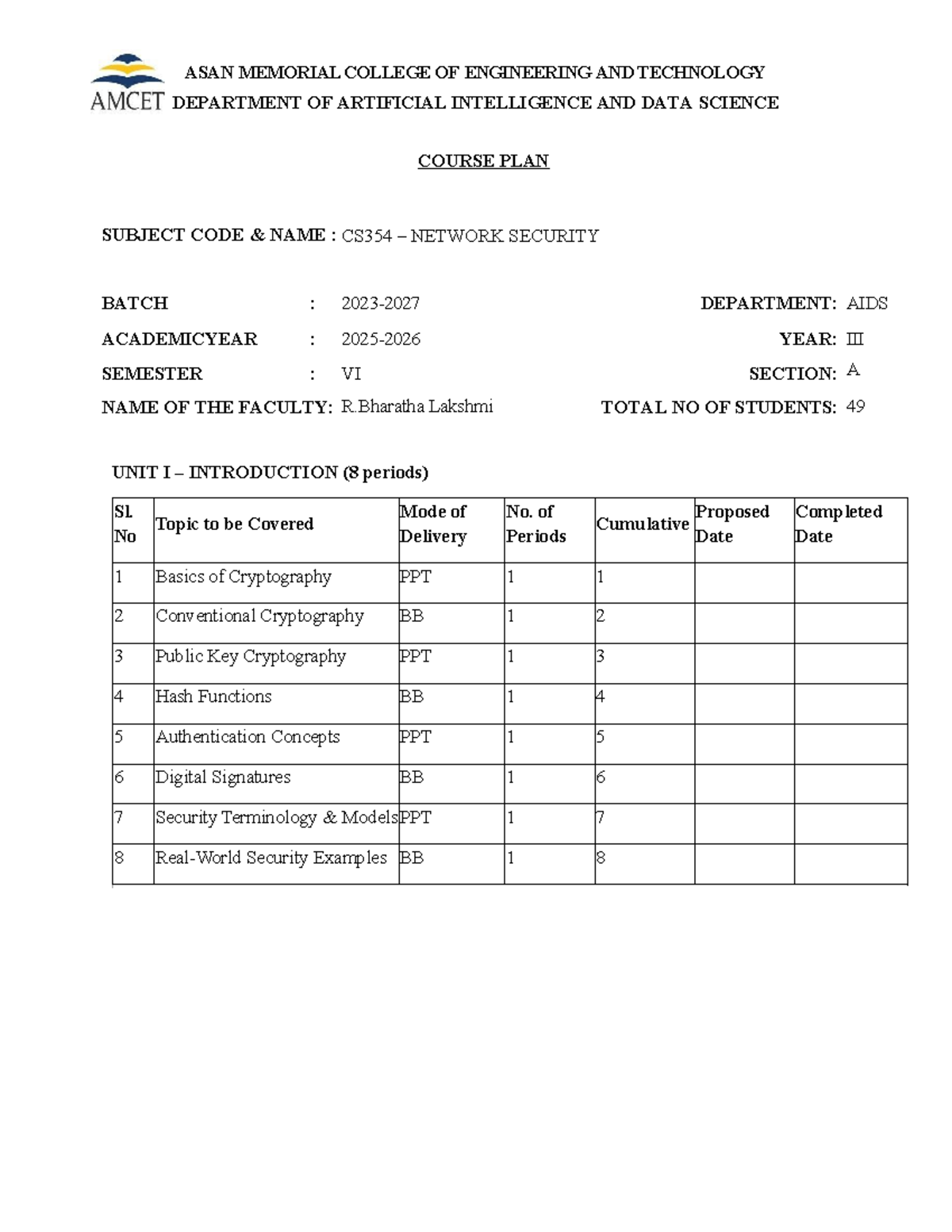 CS354 Network Security Lesson Plan - ASAN Memorial College - Studocu
