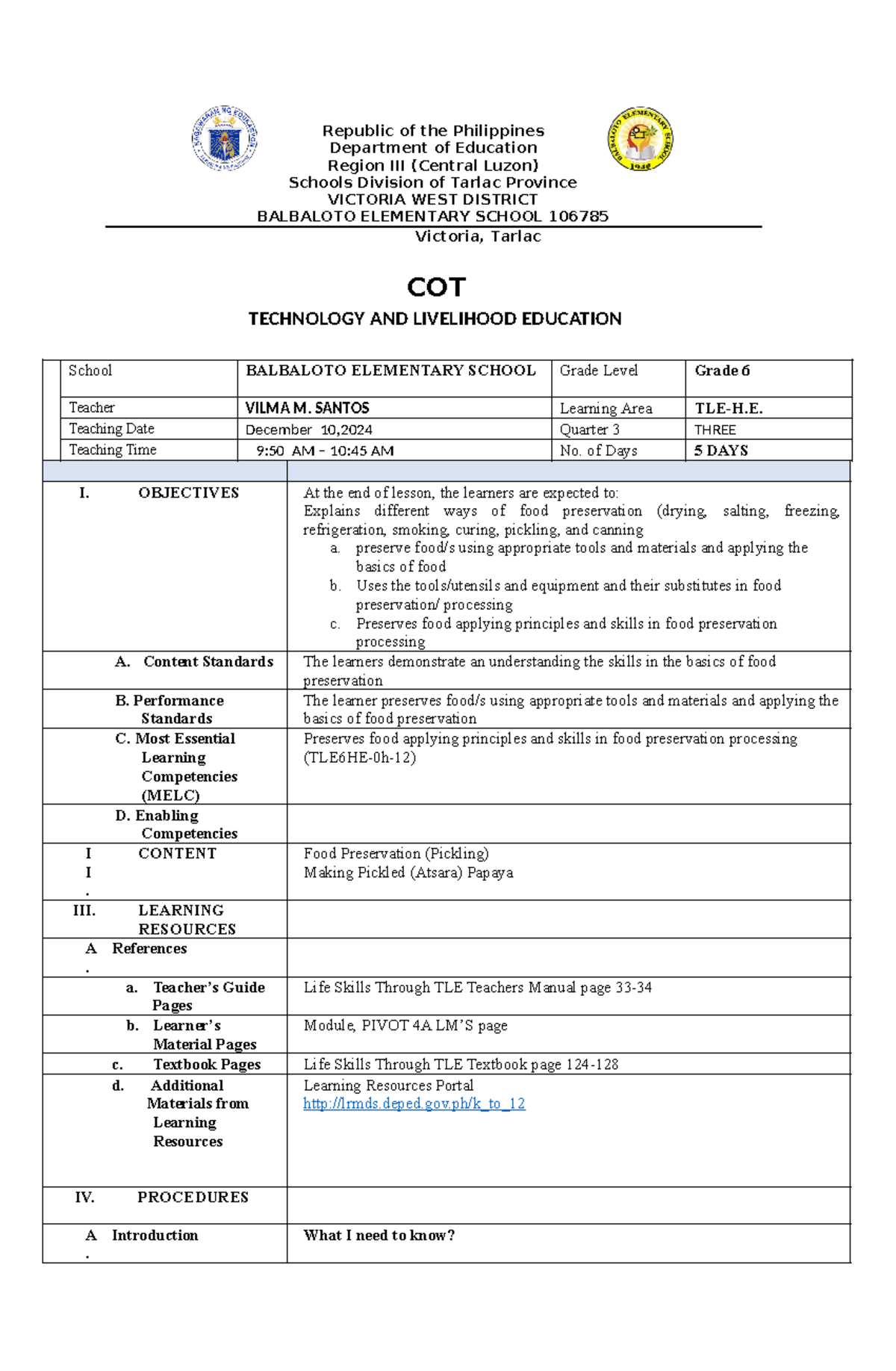 COT TLE-6 Food Preservation Techniques: Pickling and Methods Q2 - Studocu