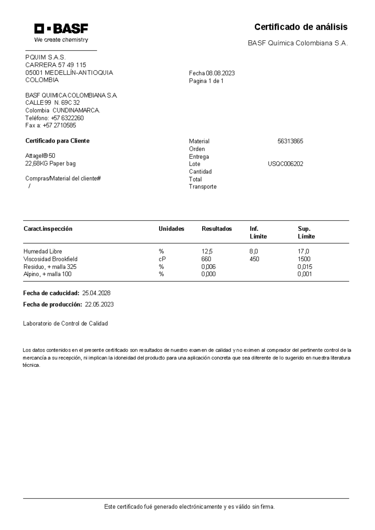 Attagel 50 Lote USQC006202 - Caractón Unidades Resultados Inf. Sup ...