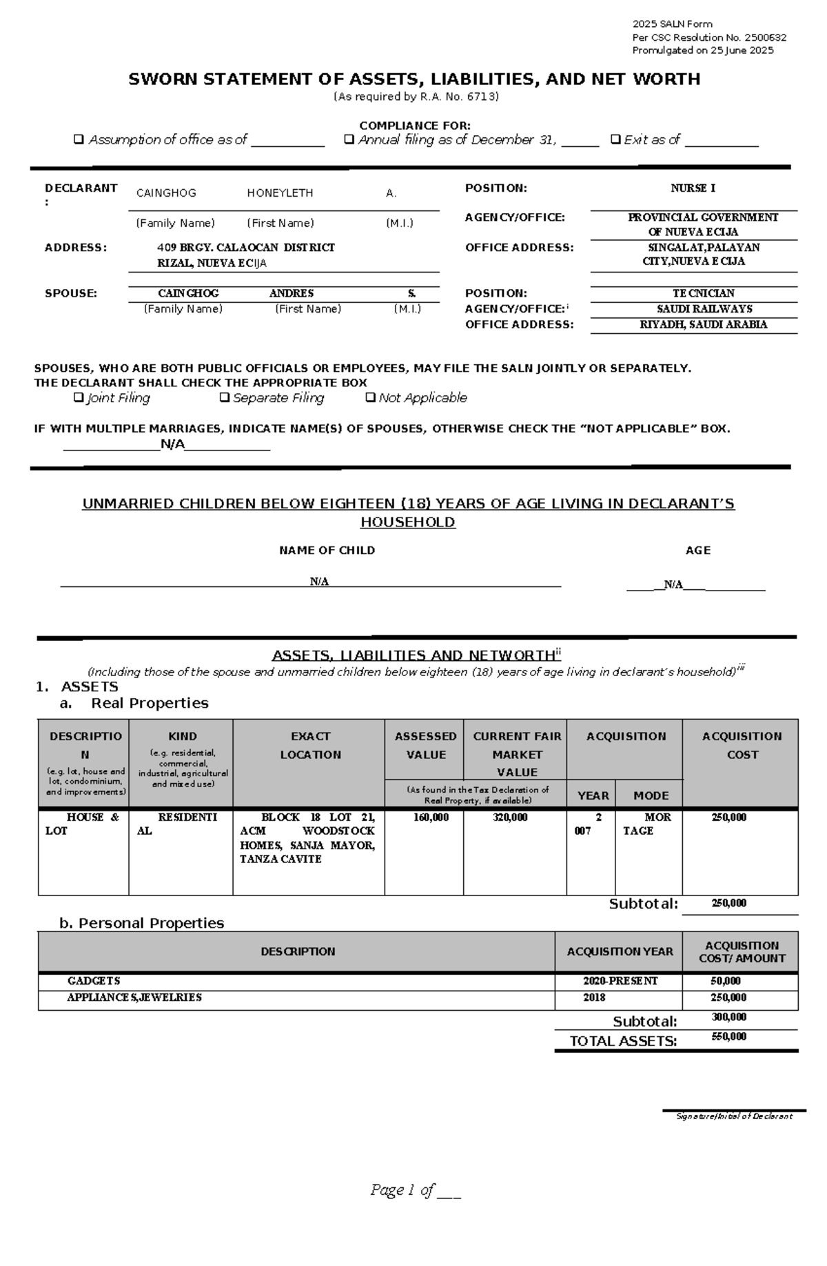 2025 SALN Form Submission for CAINGHOG HONEYLETH A. - Compliance with R ...