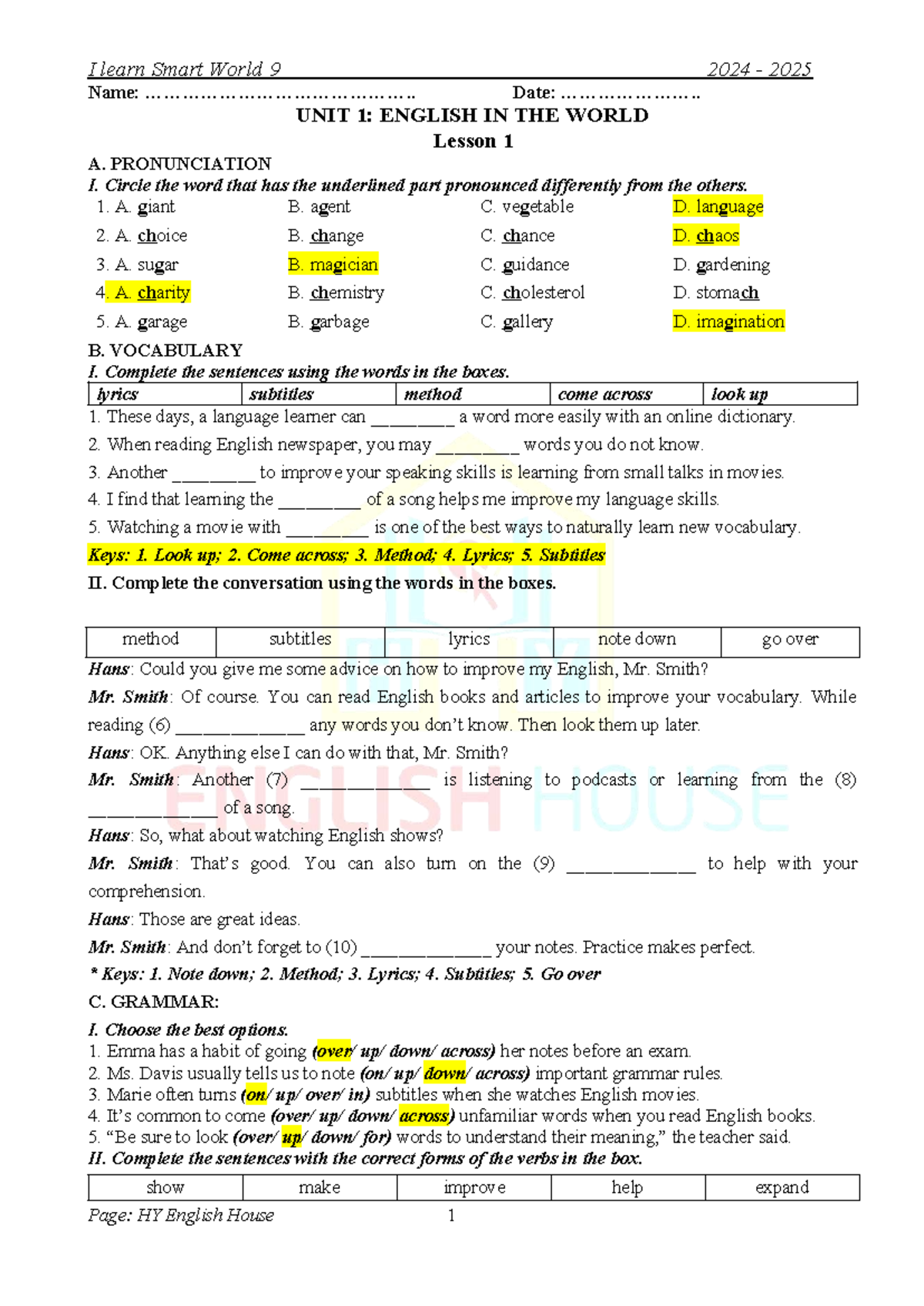 I learn Smart World 9: English in the World - Lesson 1-3 Study Guide ...