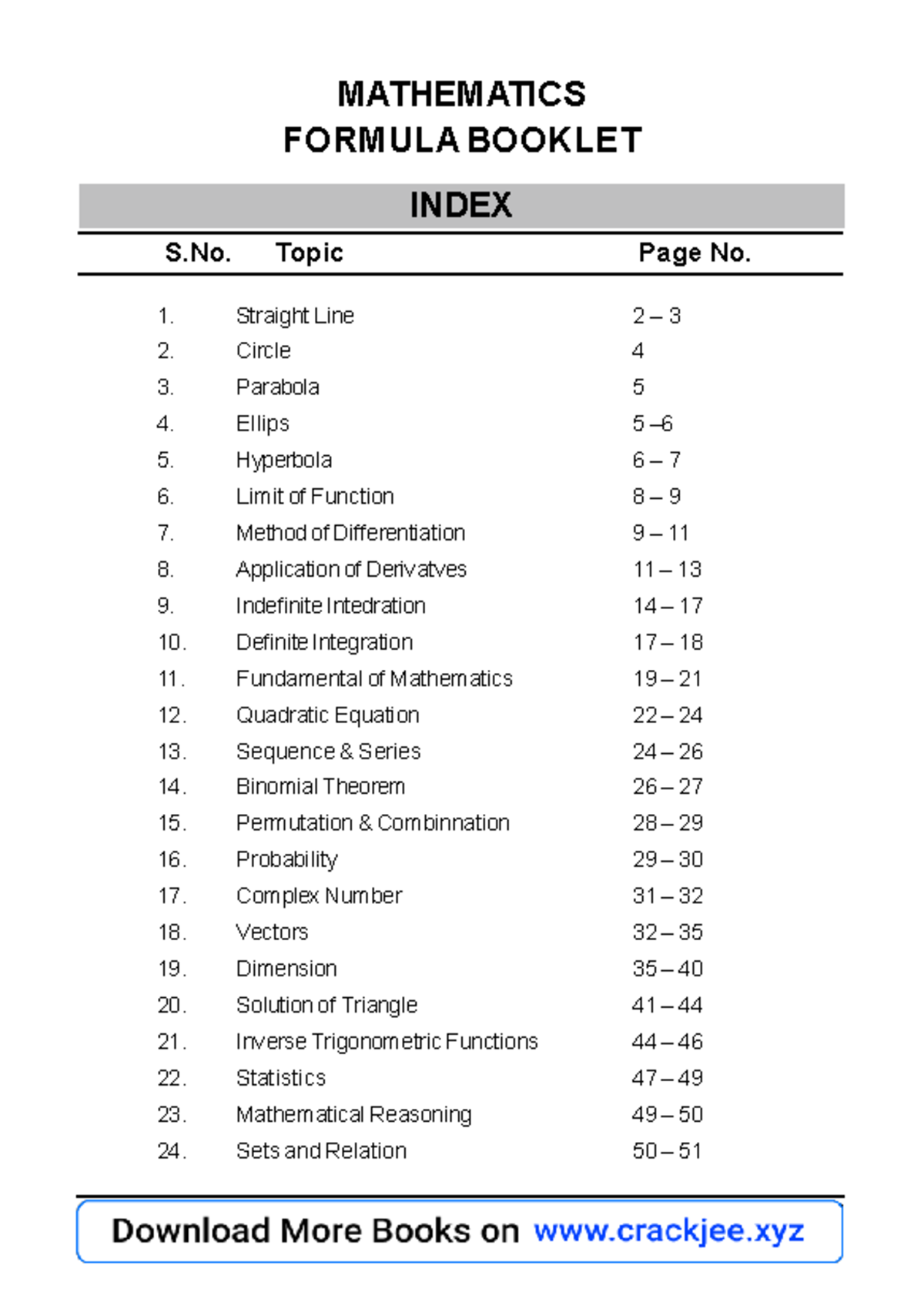 MATHEMATICS FORMULA BOOKLET INDEX & CONTENTS - Studocu