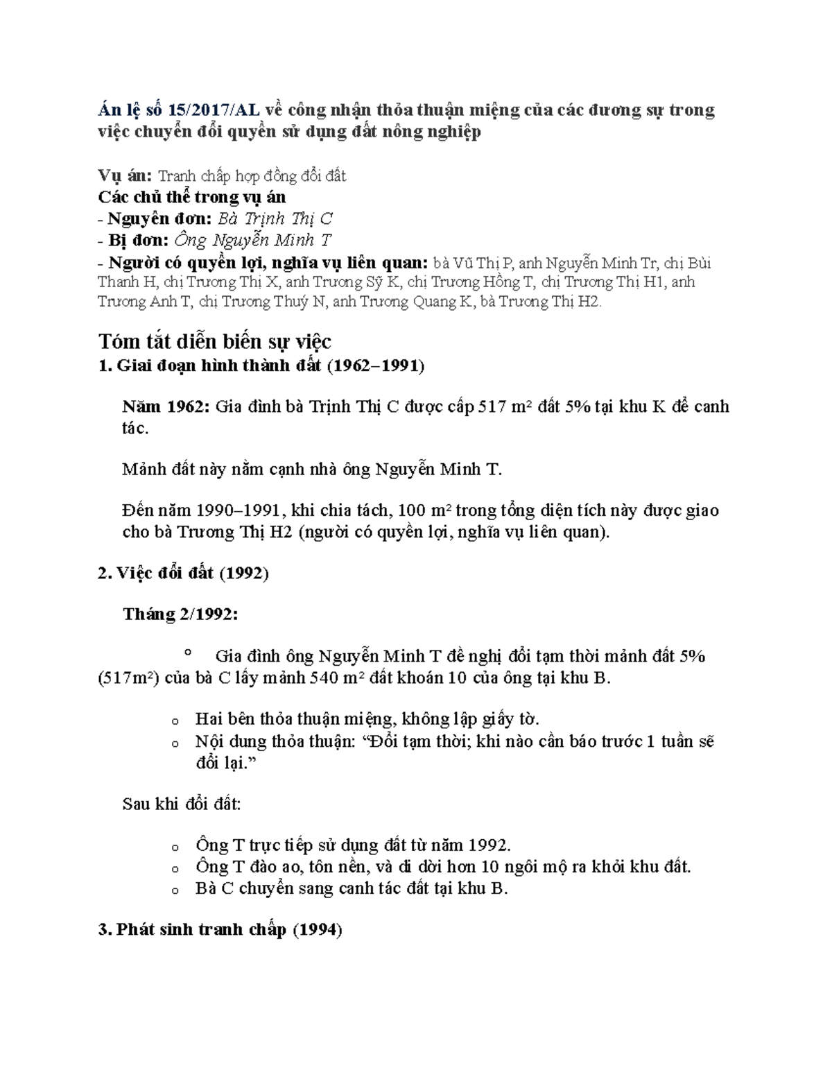 Tóm tắt Án lệ số 15:2017 về Tranh chấp Đất đai và Thỏa thuận Miệng ...