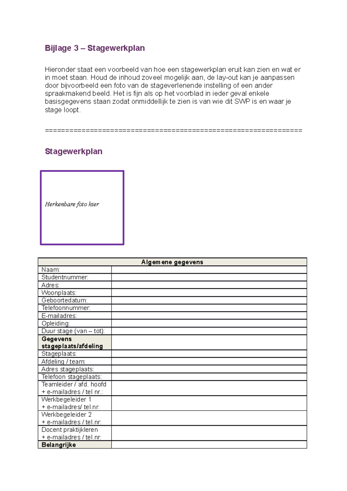 Format SWP 2020-2021 - Voorbeeld Stagewerkplan en Informatie - Studeersnel