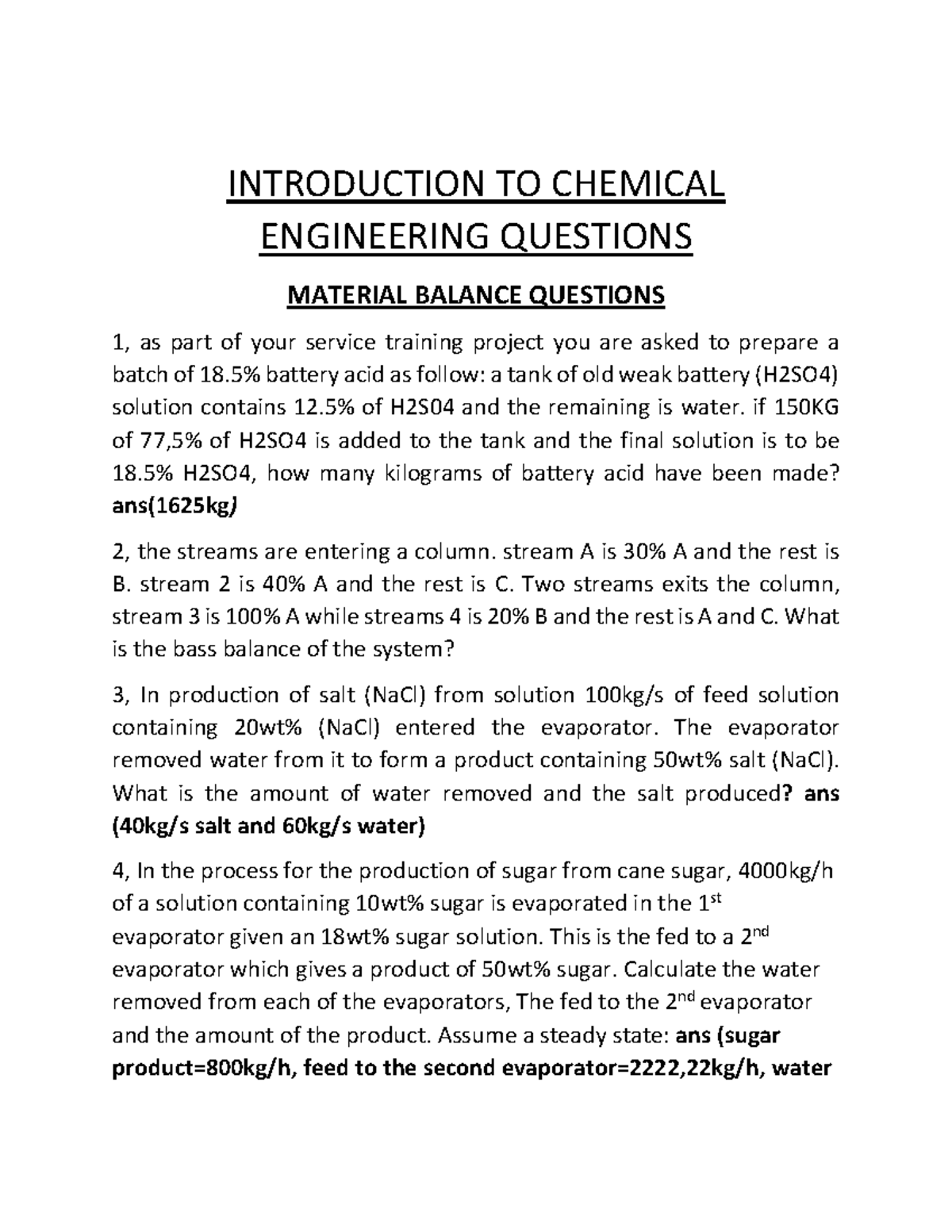 CHEM 101: Intro Questions on Material Balance in Chemical Eng. - Studocu