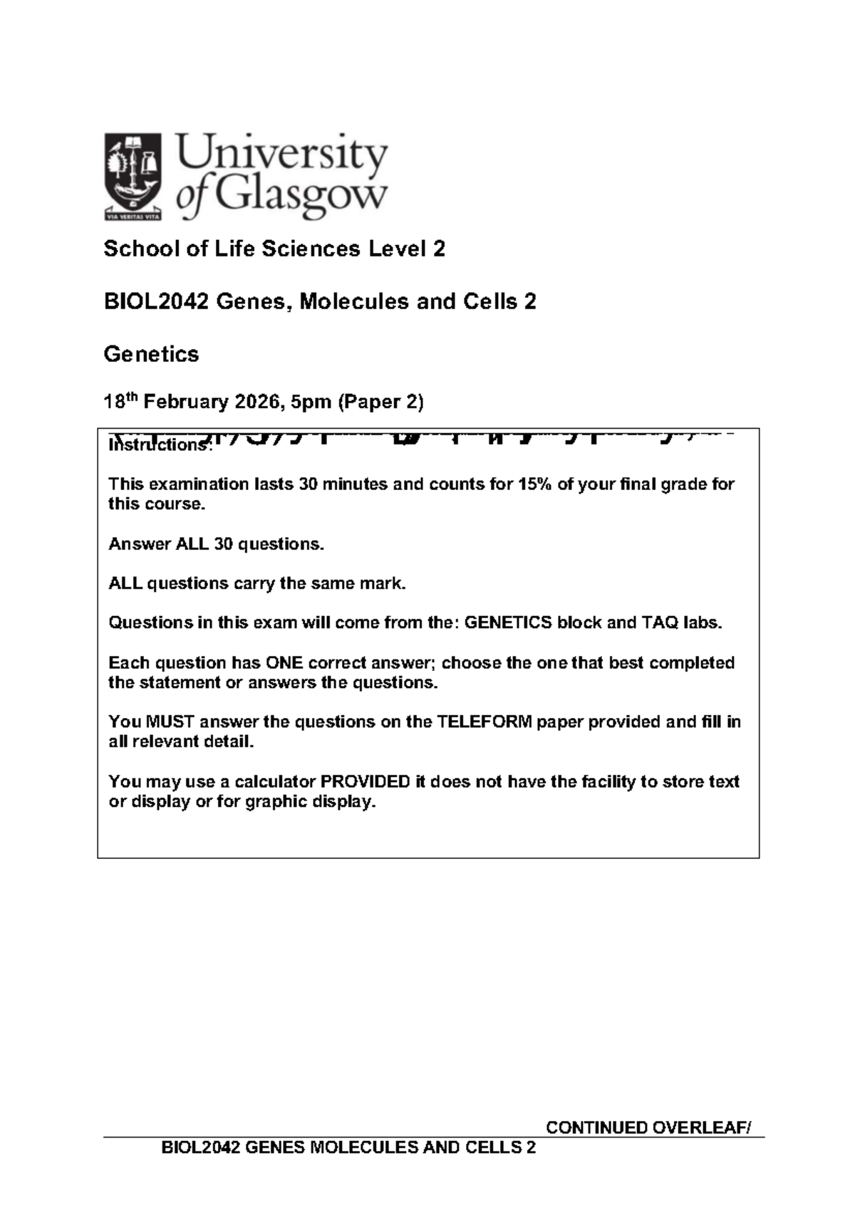 BIOL2042 Mock Exam: Genetics MCQs Practice Test - Studocu