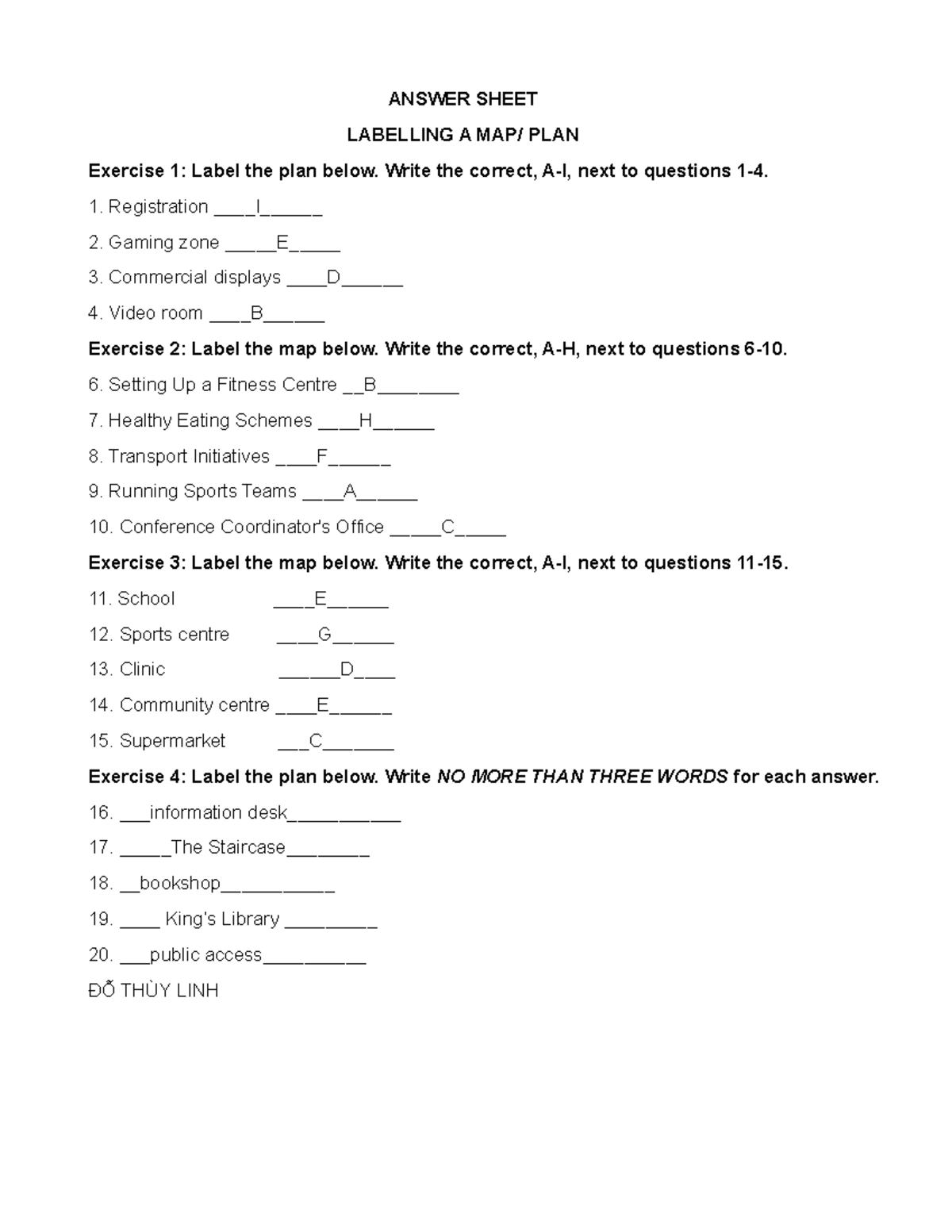 Listening Exercise Answer Sheet - Labeling Maps and Plans - Studocu